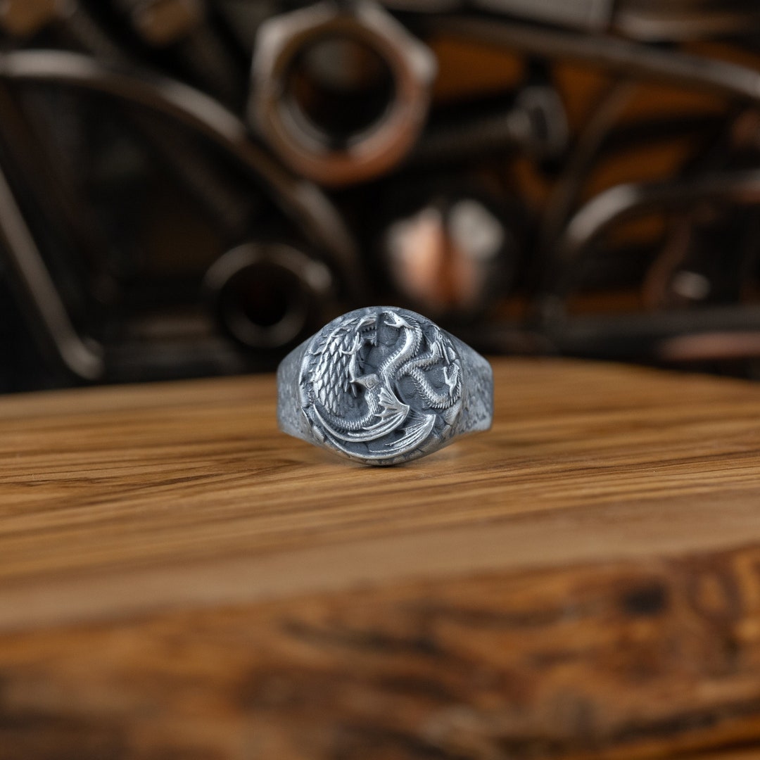 Silver Man Ring With Stark Targaryen Wolf Dragon Got, Handmade Antique ...