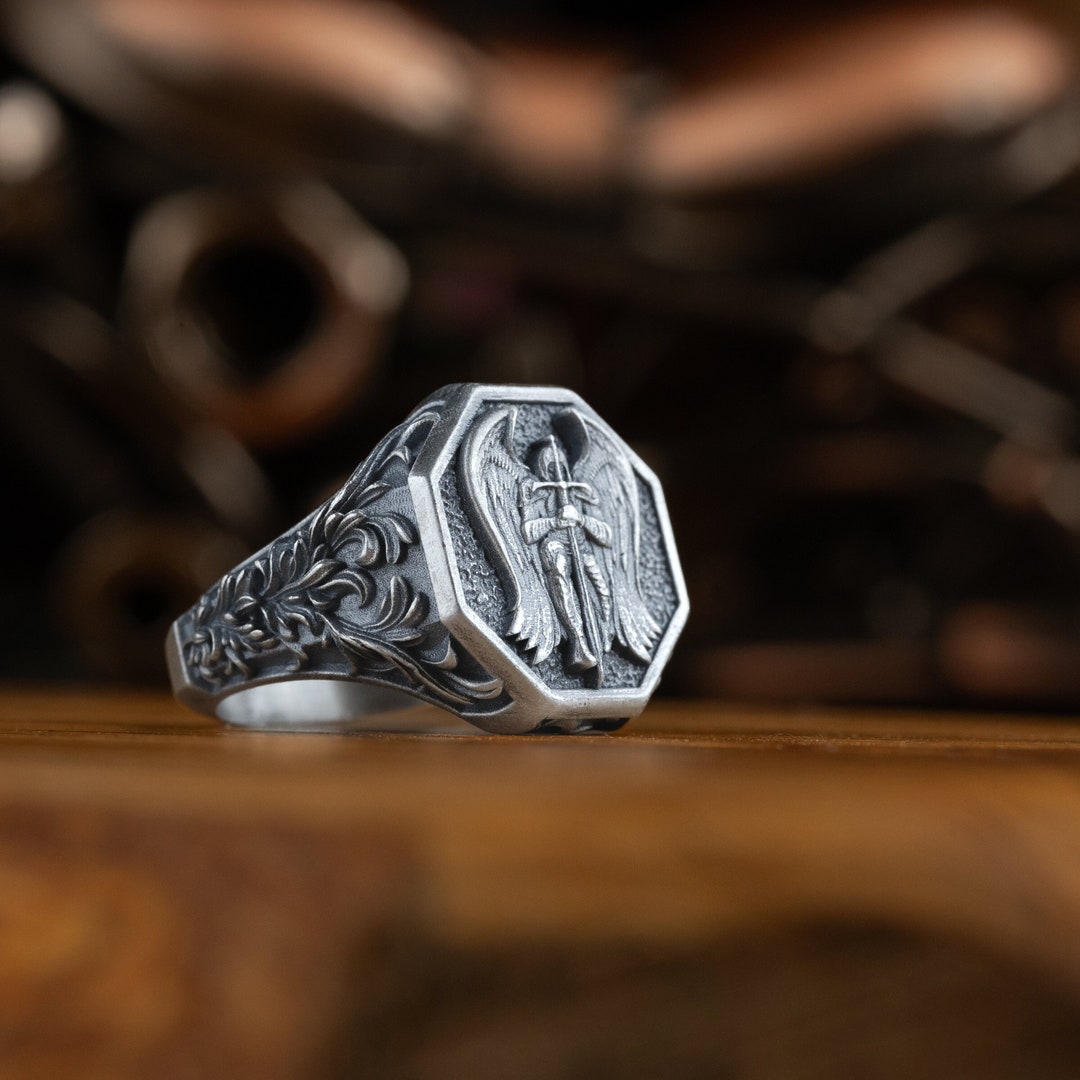 Archangel Saint Michael Signet Men Ring in Silver, Christian Cross Ring ...