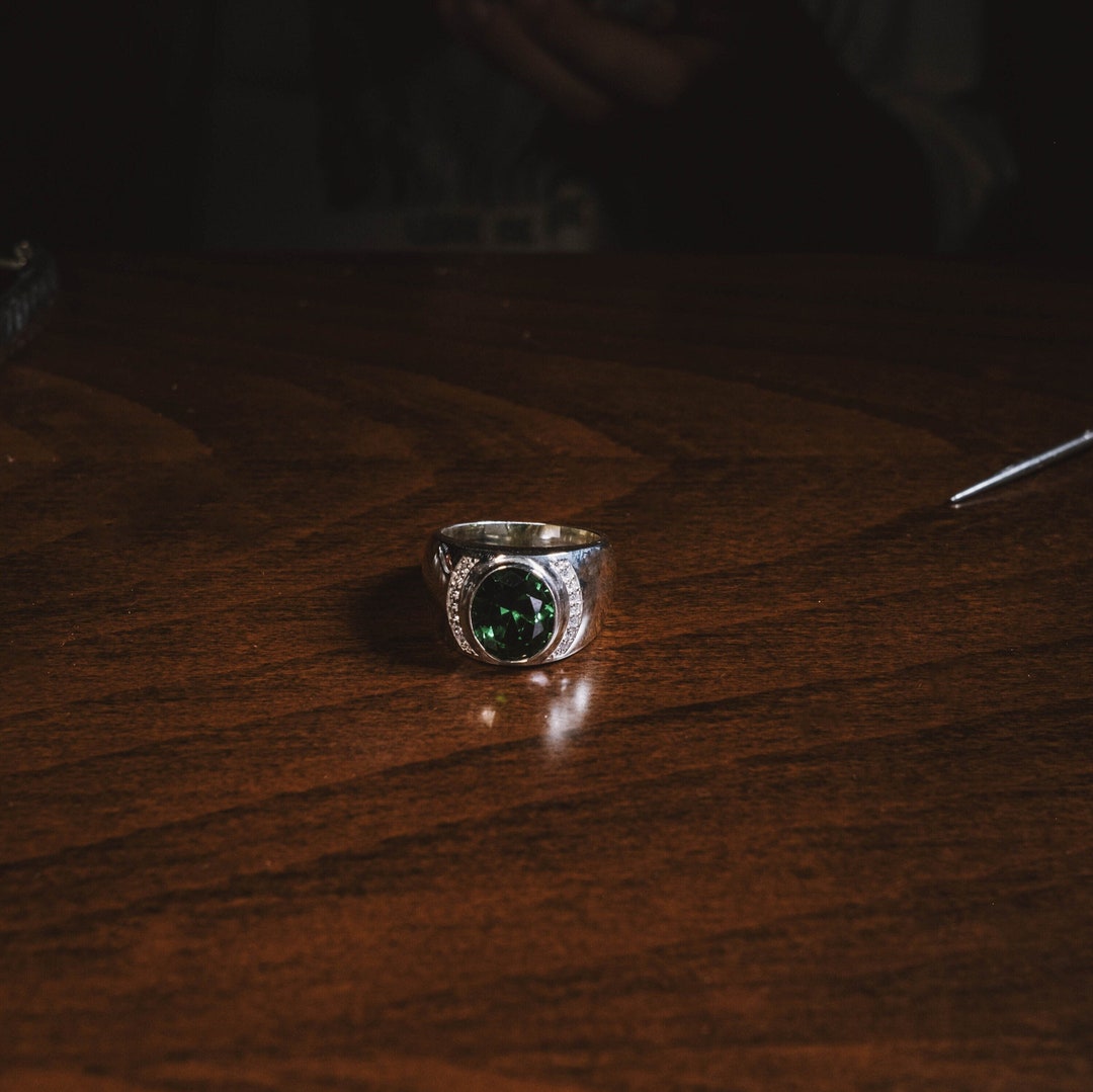 Big Signet Men Ring With Green Emerald and Cubic Zirconia, Unique Men ...