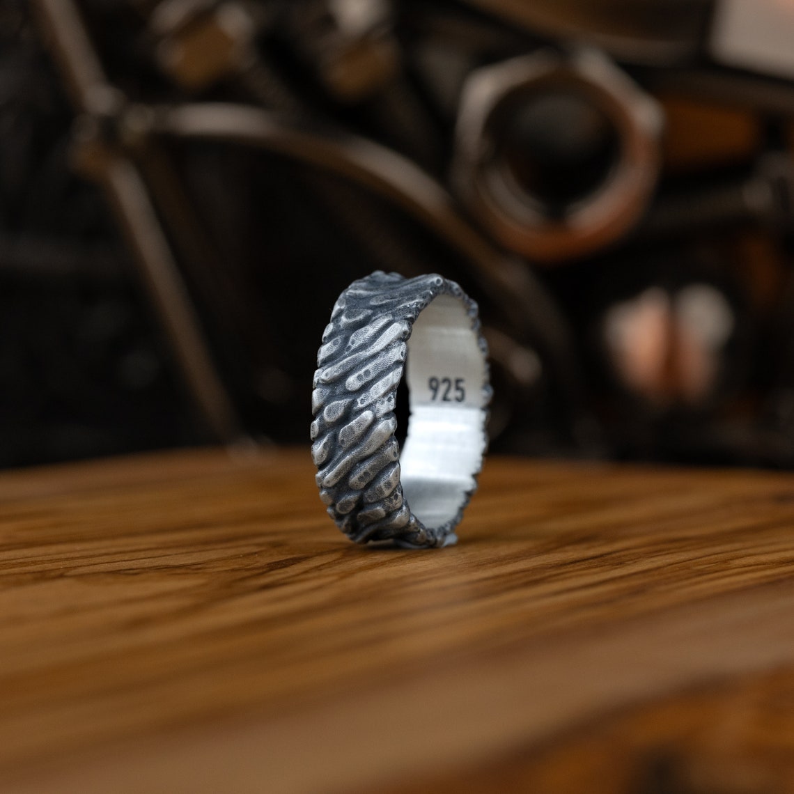 Silver Rough Rock Facture Wedding Men Ring, Handmade Tree Bark ...