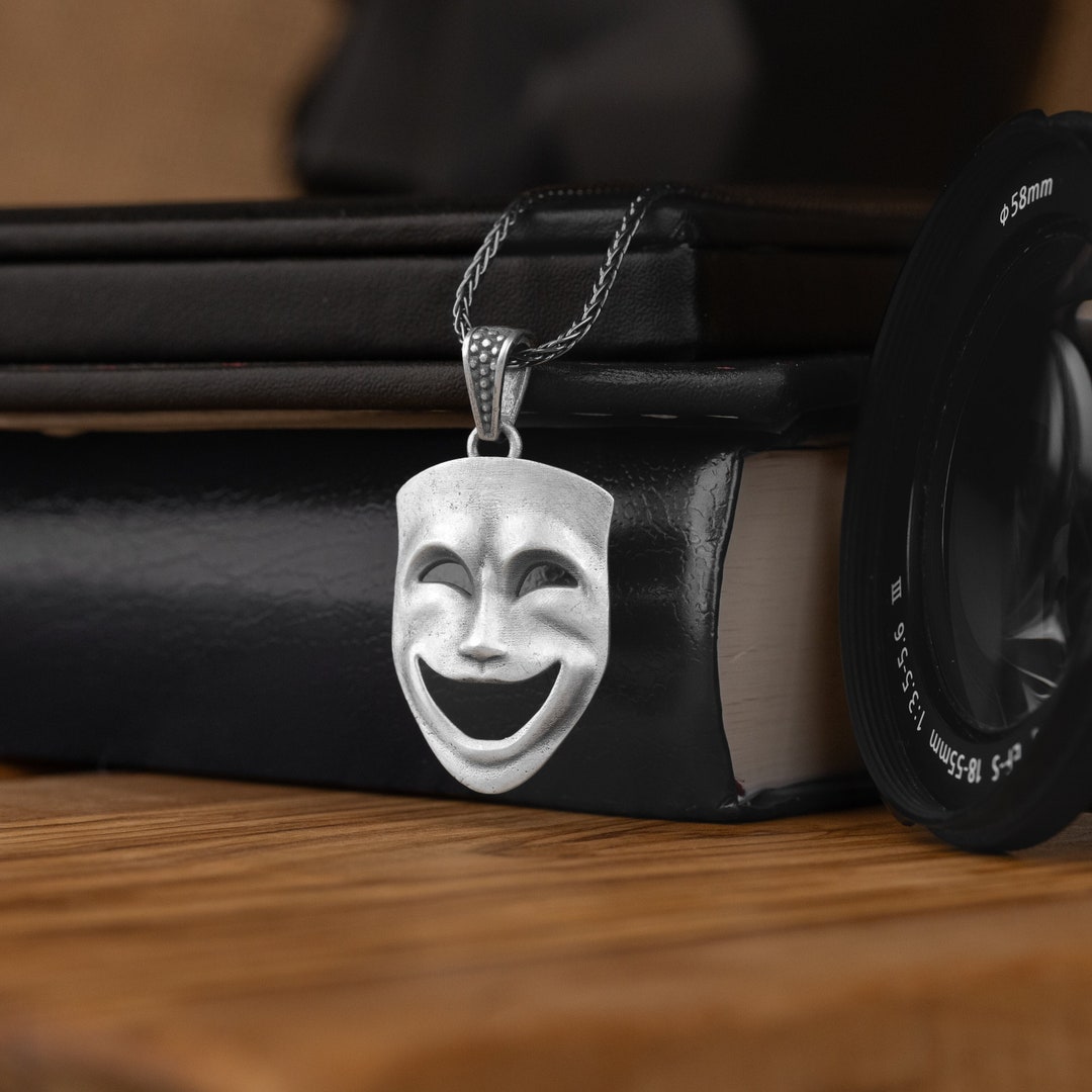 Comedy Mask Necklace, Sterling Silver Drama Mask Charm Pendant, Happy ...