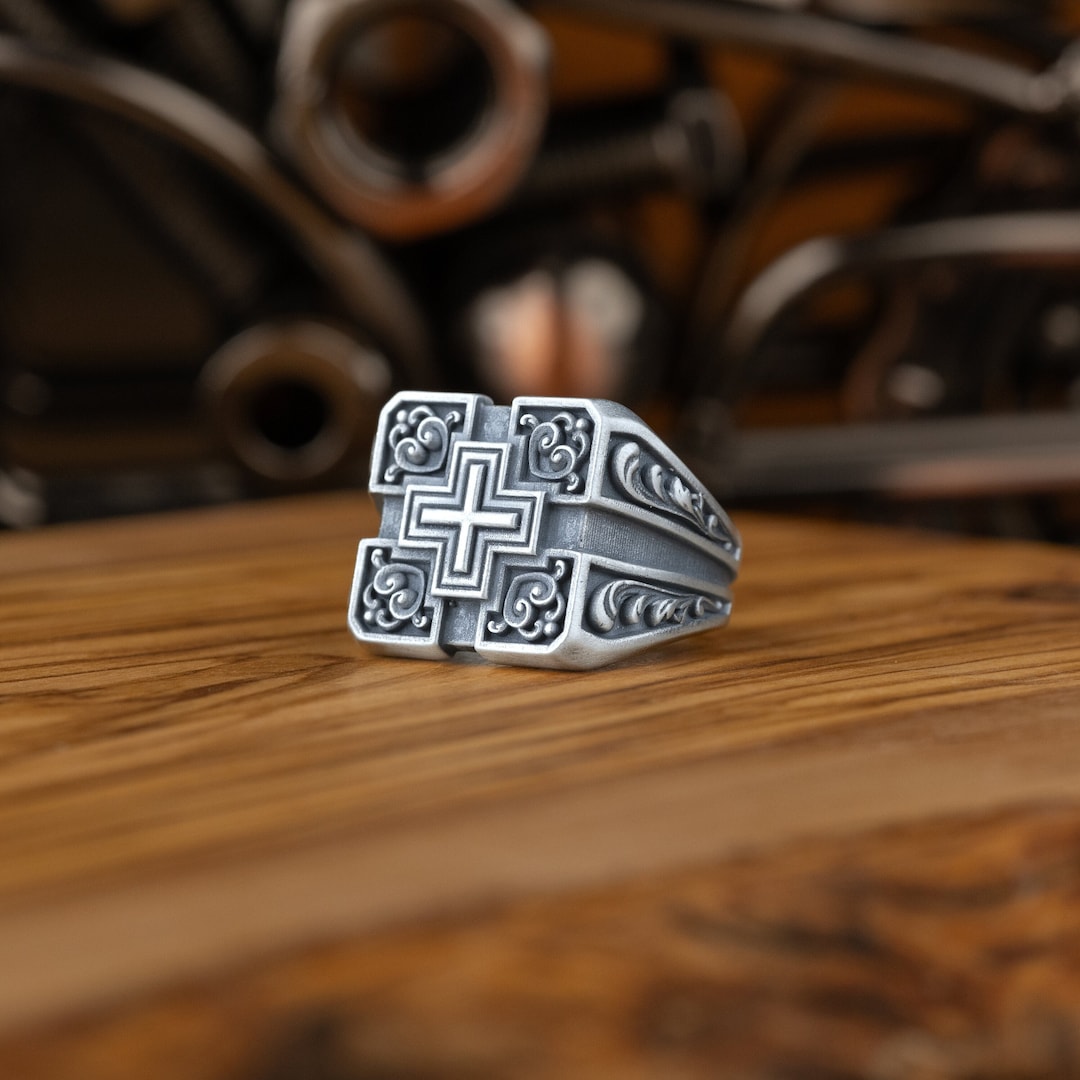 Unique Square Cross Sterling Silver Men Ring, Maltese Cross Floral ...