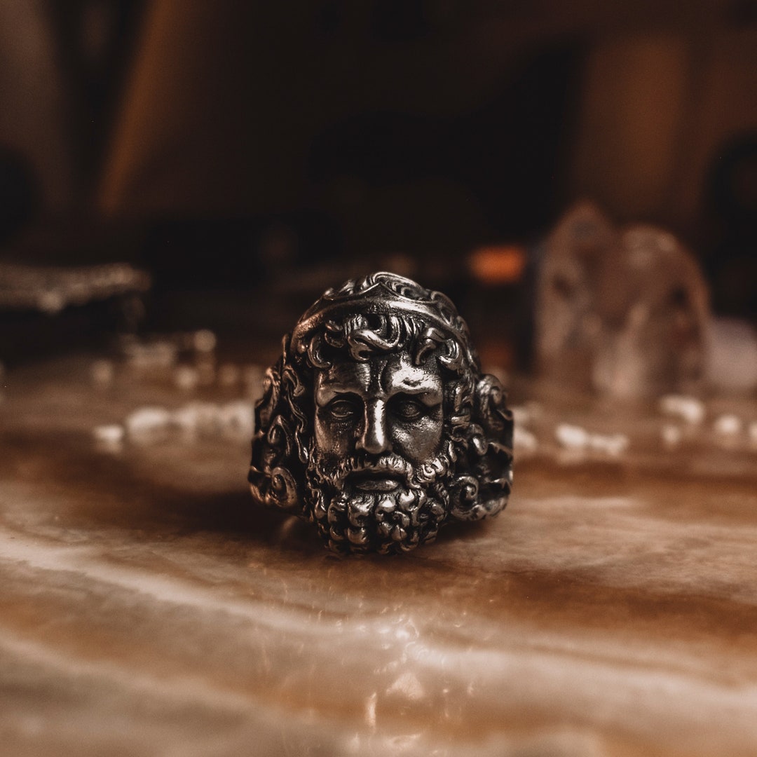 Silver Poseidon God of Sea Men's Ring, Greek God Poseidon Trident Ring ...