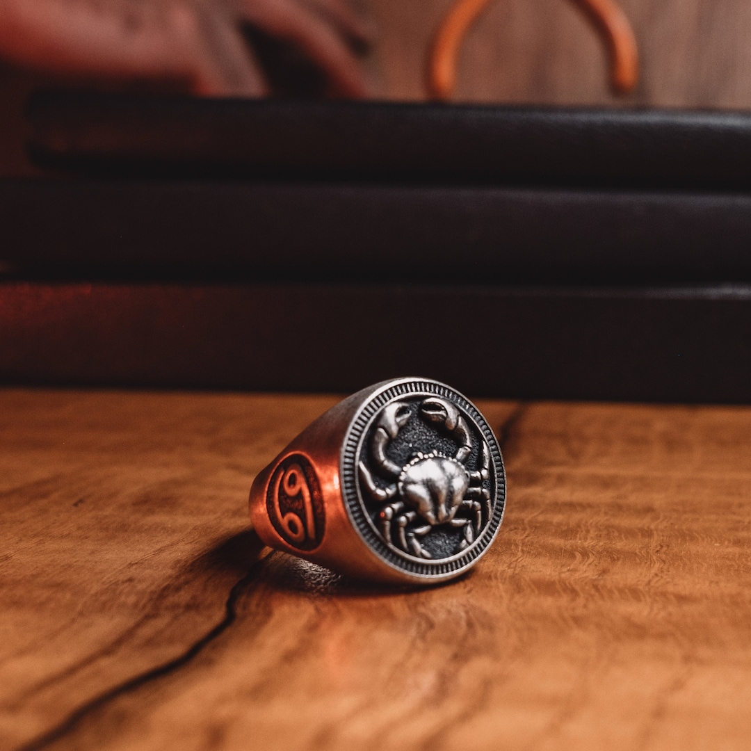 925 Silver Cancer Zodiac Sign Ring, Zodiac Pinky Signet Men Ring in ...