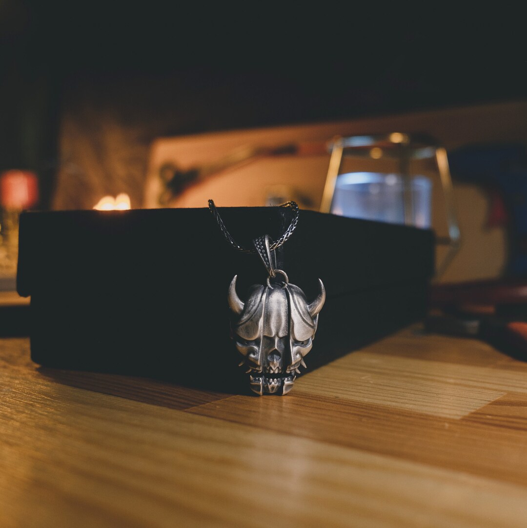 Skull Behind the Devil Mask Gothic Necklace, Sterling Silver Oxidized ...