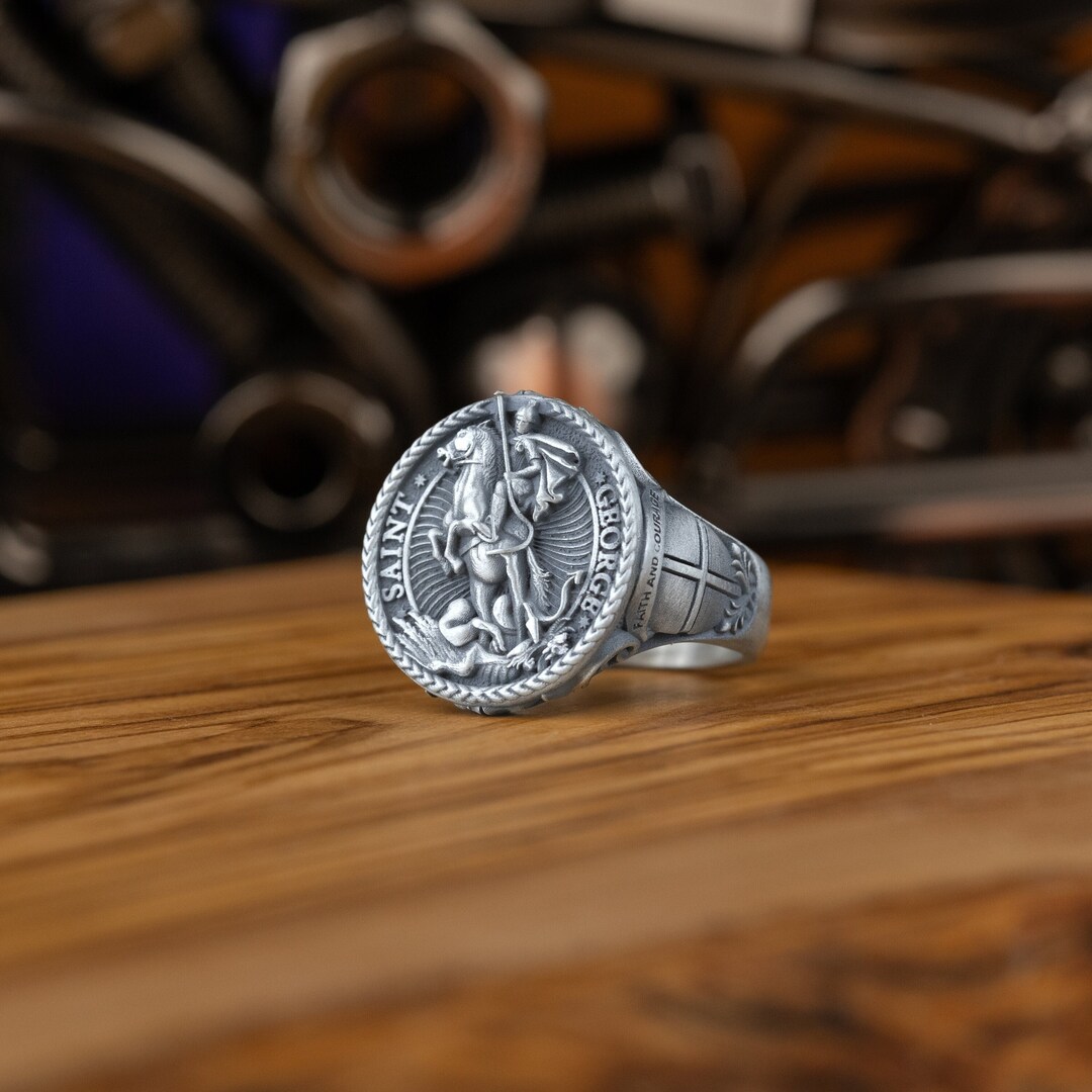 Silver Saint George and the Dragon Signet Men Rings, Round Shape Pinky ...