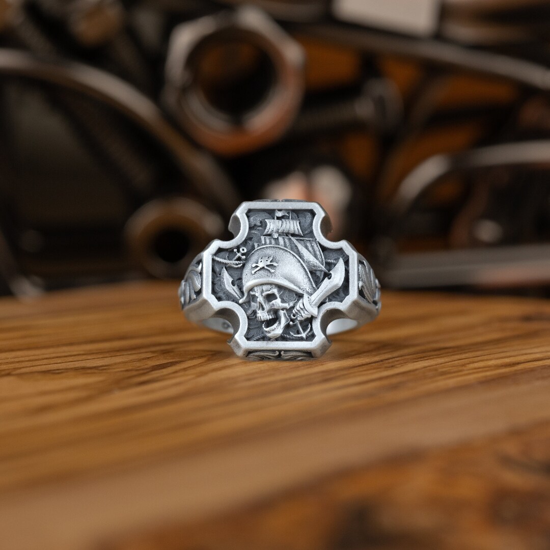 Sterling Silver Pirate Men Ring With Lily in Cross Shape, Oxidized ...