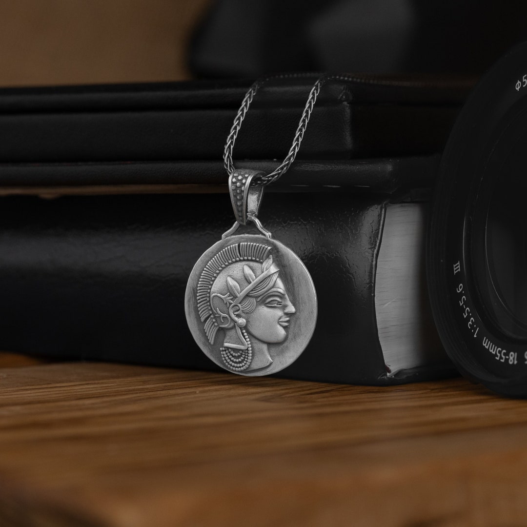 Athena Silver Coin Necklace for Men, Oxidized Ancient Greek Coin ...