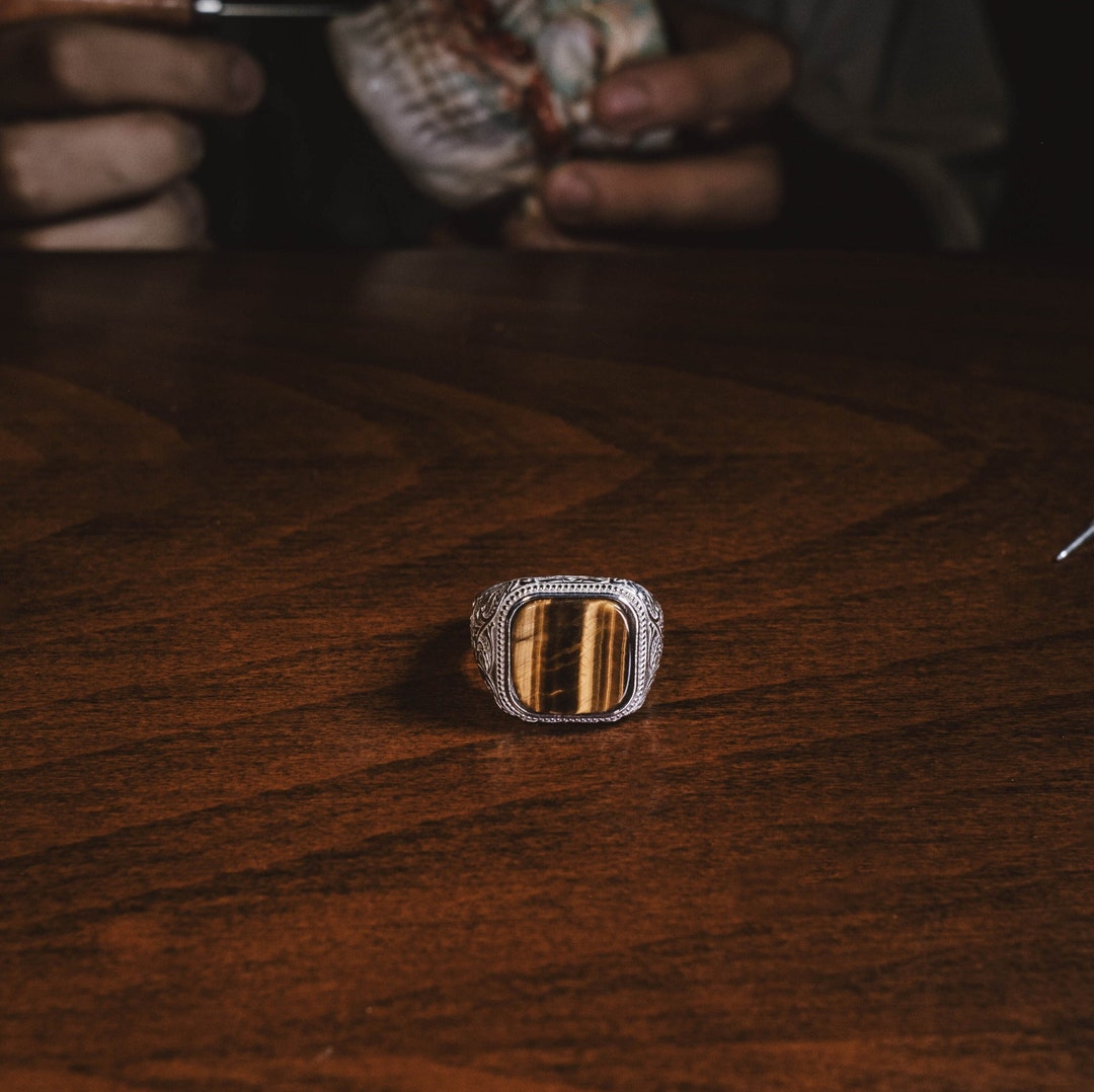 Promise Ring With Rectangle Cut Tigers Eye for Mens, Gemstone Flat ...