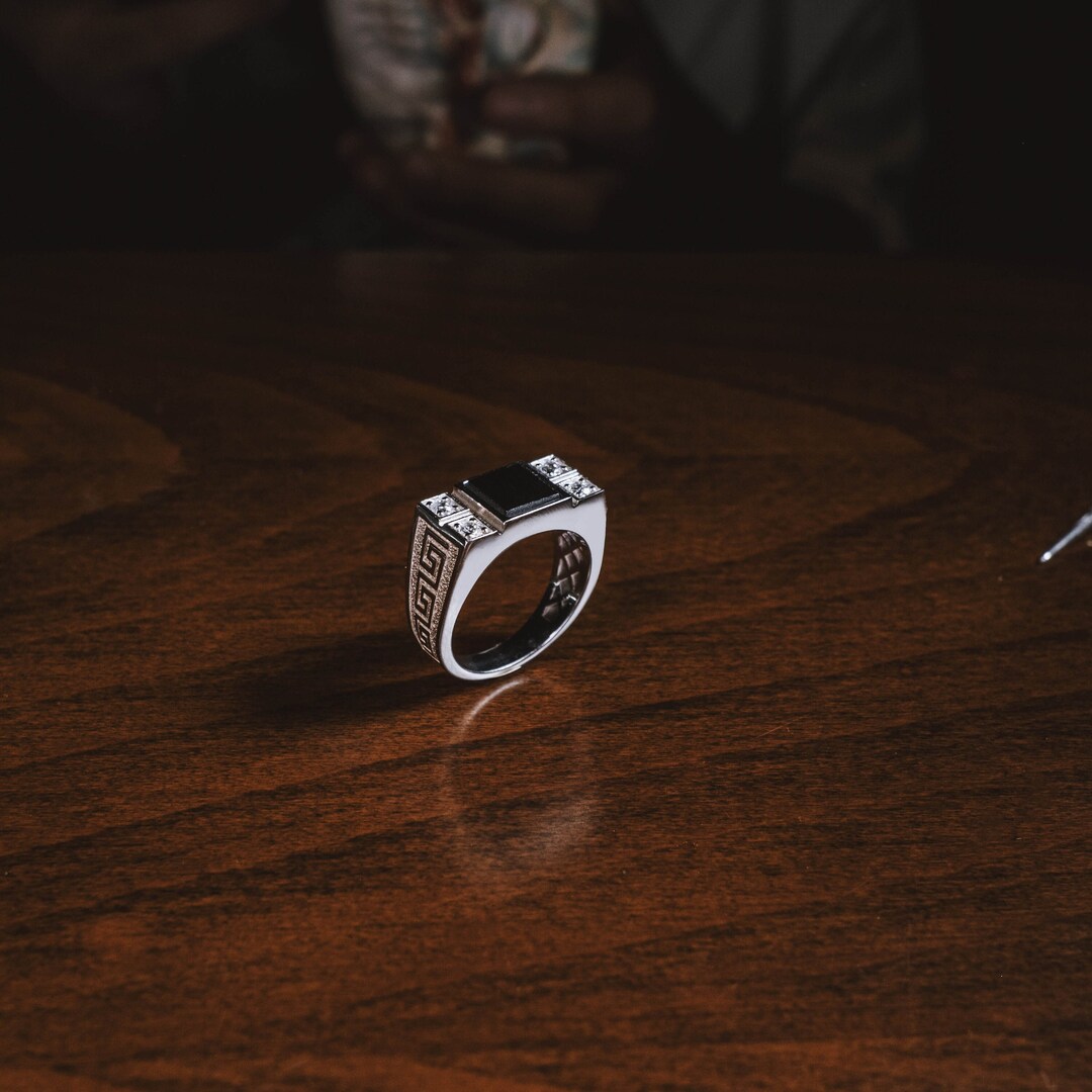 Engraved Meander on Side Flat Black Onyx Ring With Cz, Unique Sterling ...