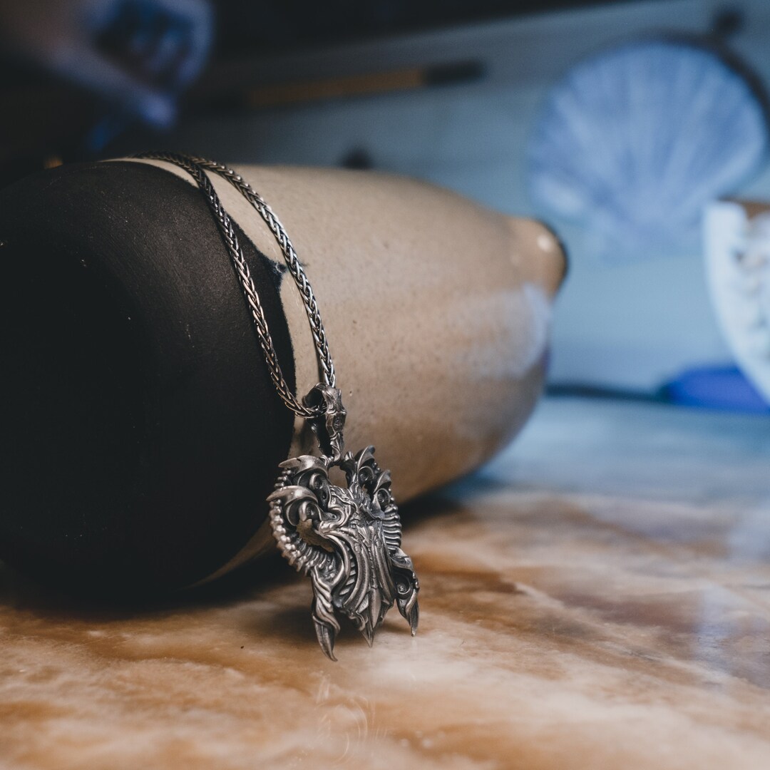 Futuristic Shoggoth Scarab Men Necklace, Bookworm Lovecraft Silver ...