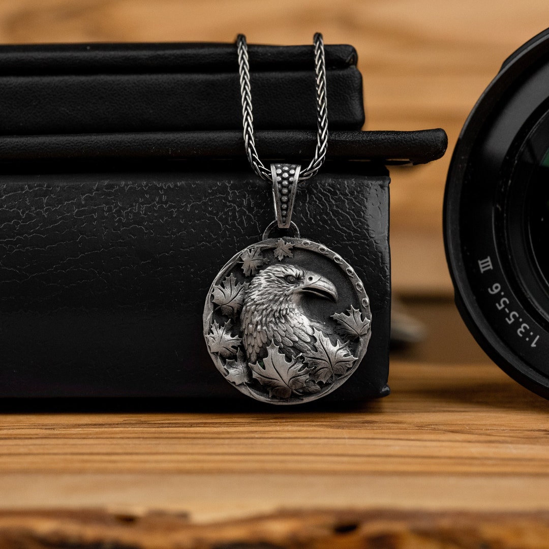 Unique Sterling Silver Crow and Floral Pattern Necklace, Scandinavian ...