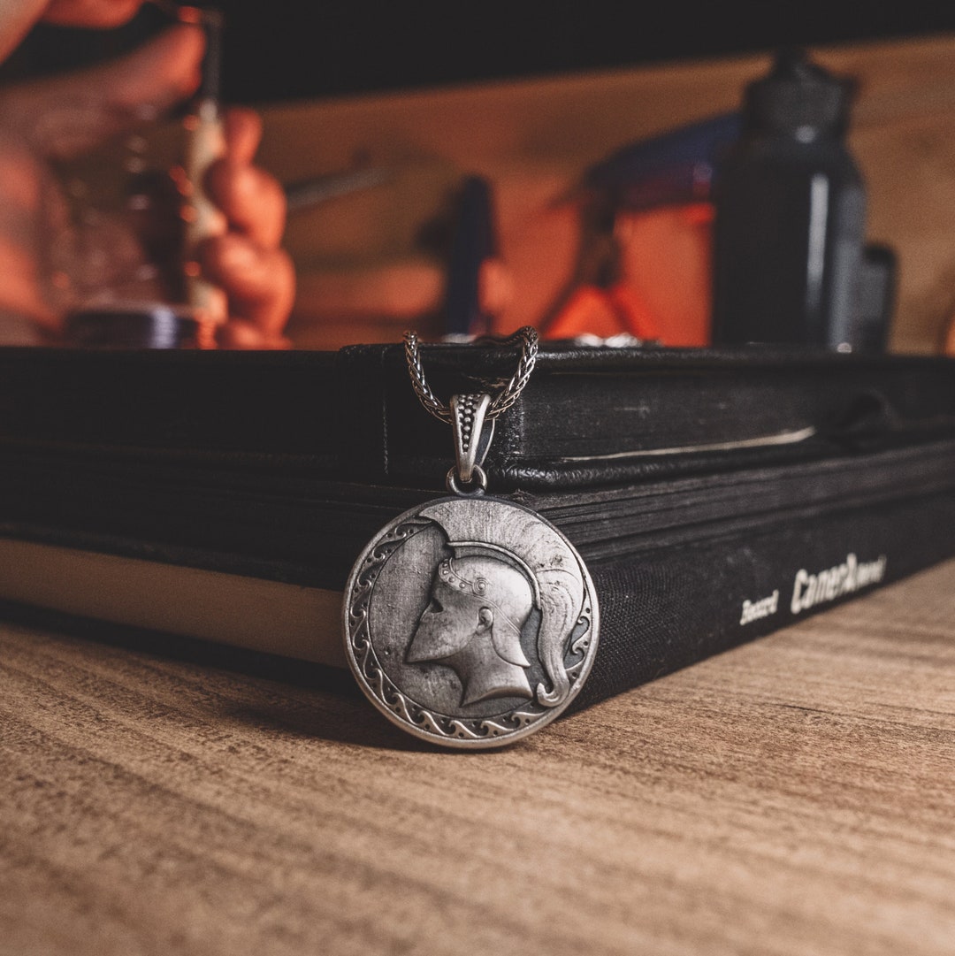 Silver Warrior Shield Necklace, Corinthian Spartan Coin Necklace ...