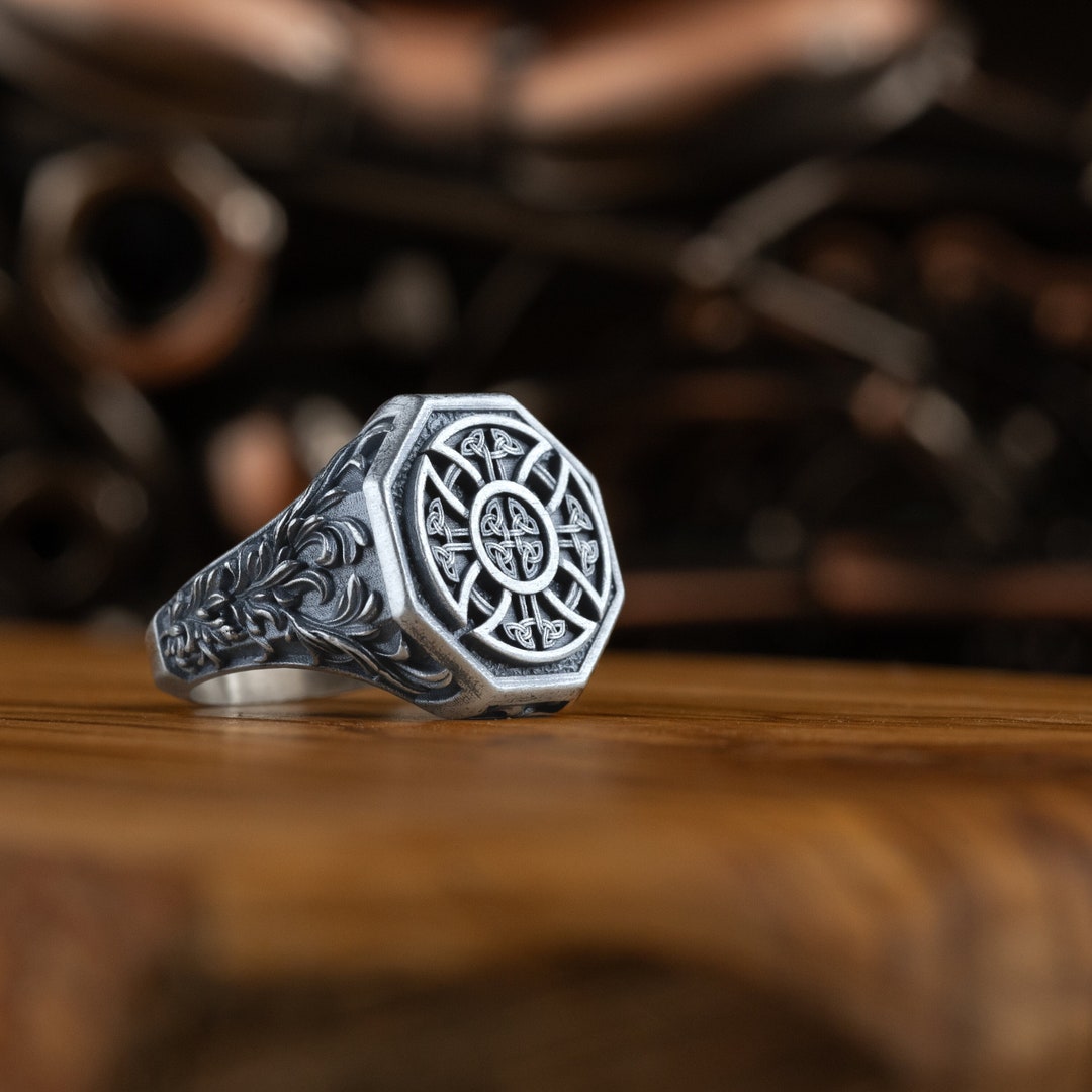 Celtic Cross Trinity Knot Signet Ring in Sterling Silver With Hexagon ...
