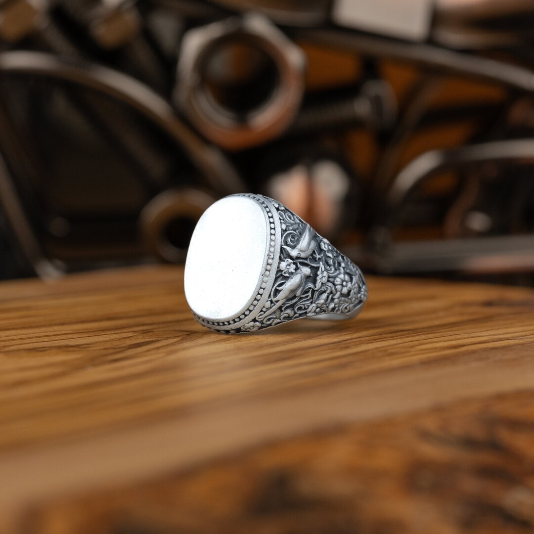 Nature Inspired Mens Ring, Parrot and Flower Engraved Sterling Silver ...