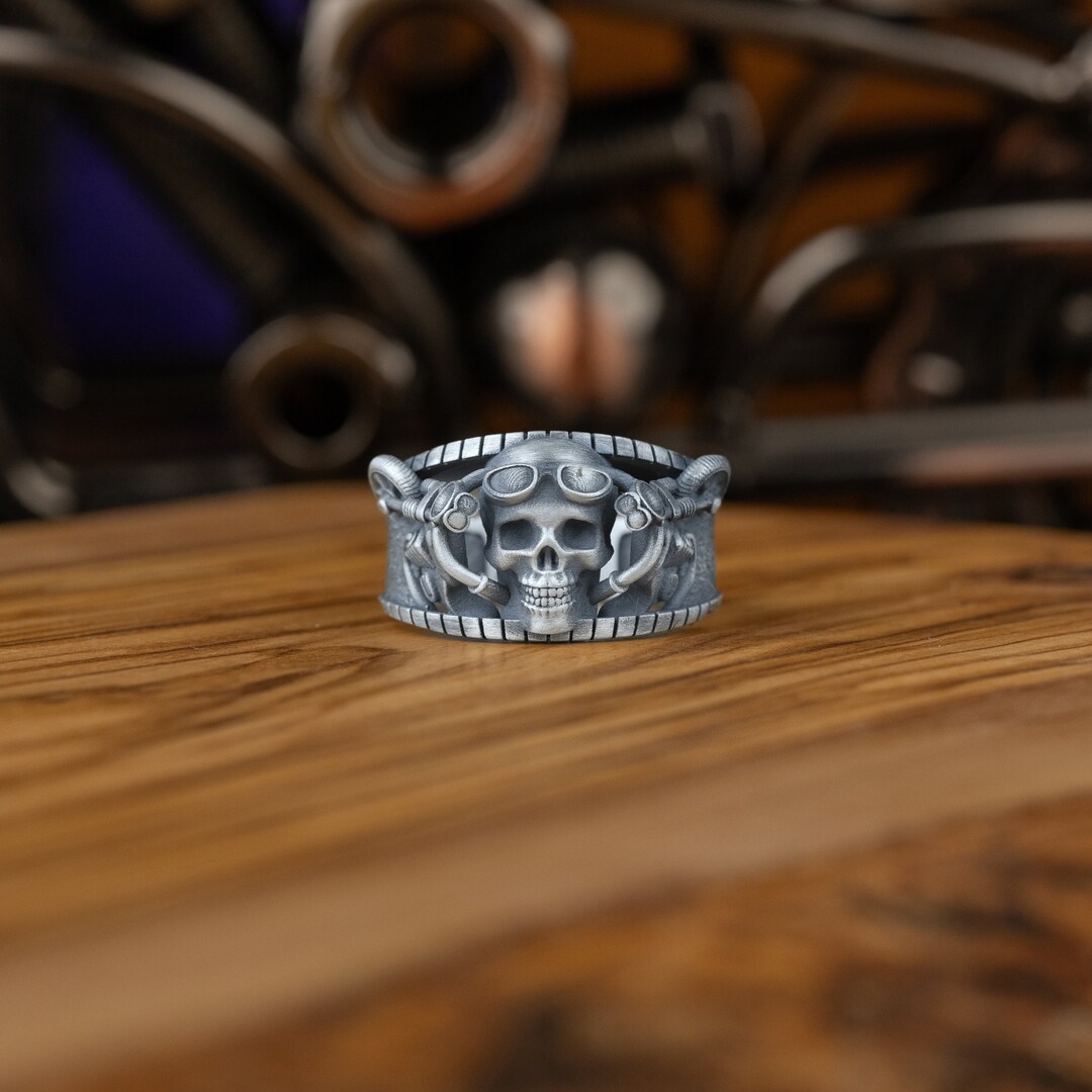 Skull With Goggles Silver Pinky Men Ring, Gothic Biker Silver Men ...
