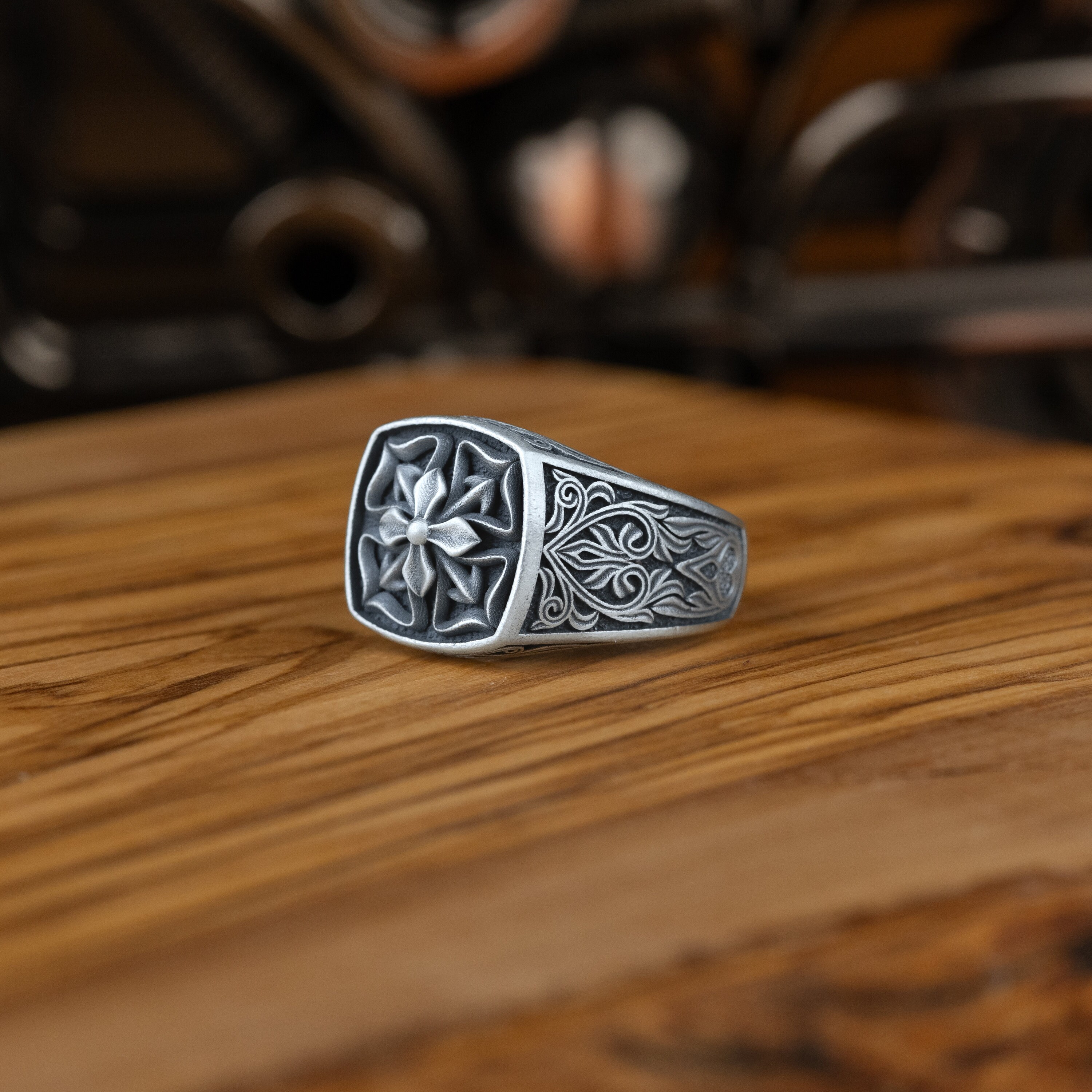 Victorian Style Floral Pinky Ring, Flower Cross Mens Ring in Sterling ...