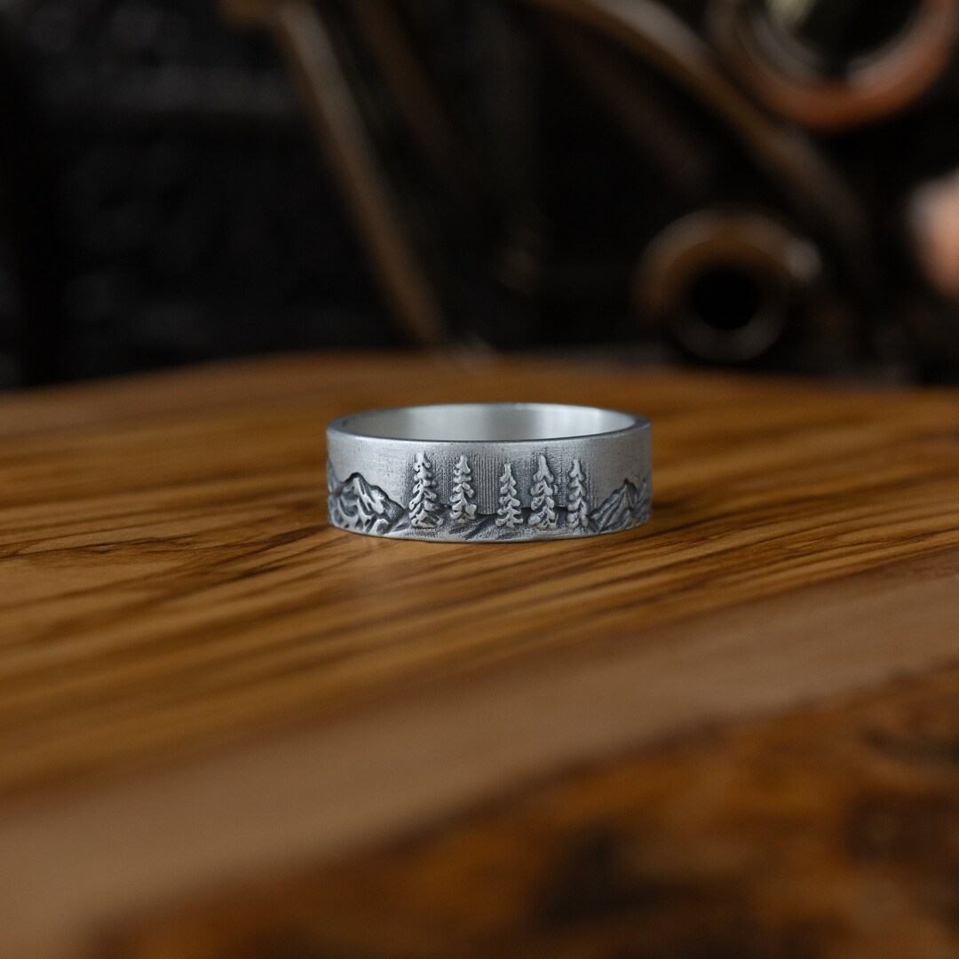 Handmade Sterling Silver Pine Trees Men Band Ring, Nature Wedding Ring ...