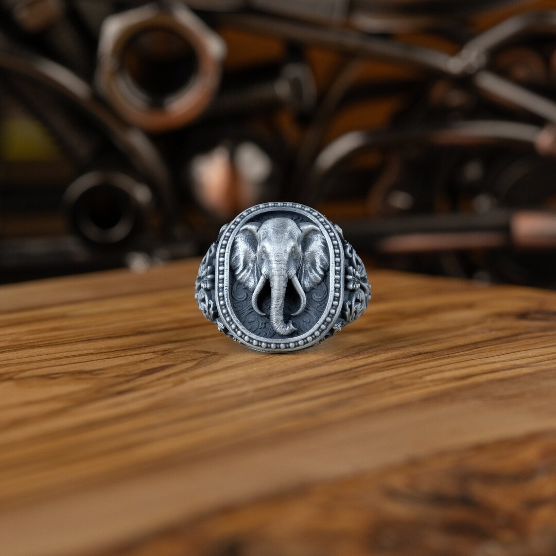 Elephant Head Antique Pattern Silver Men Ring, Elephant Luck Signet ...