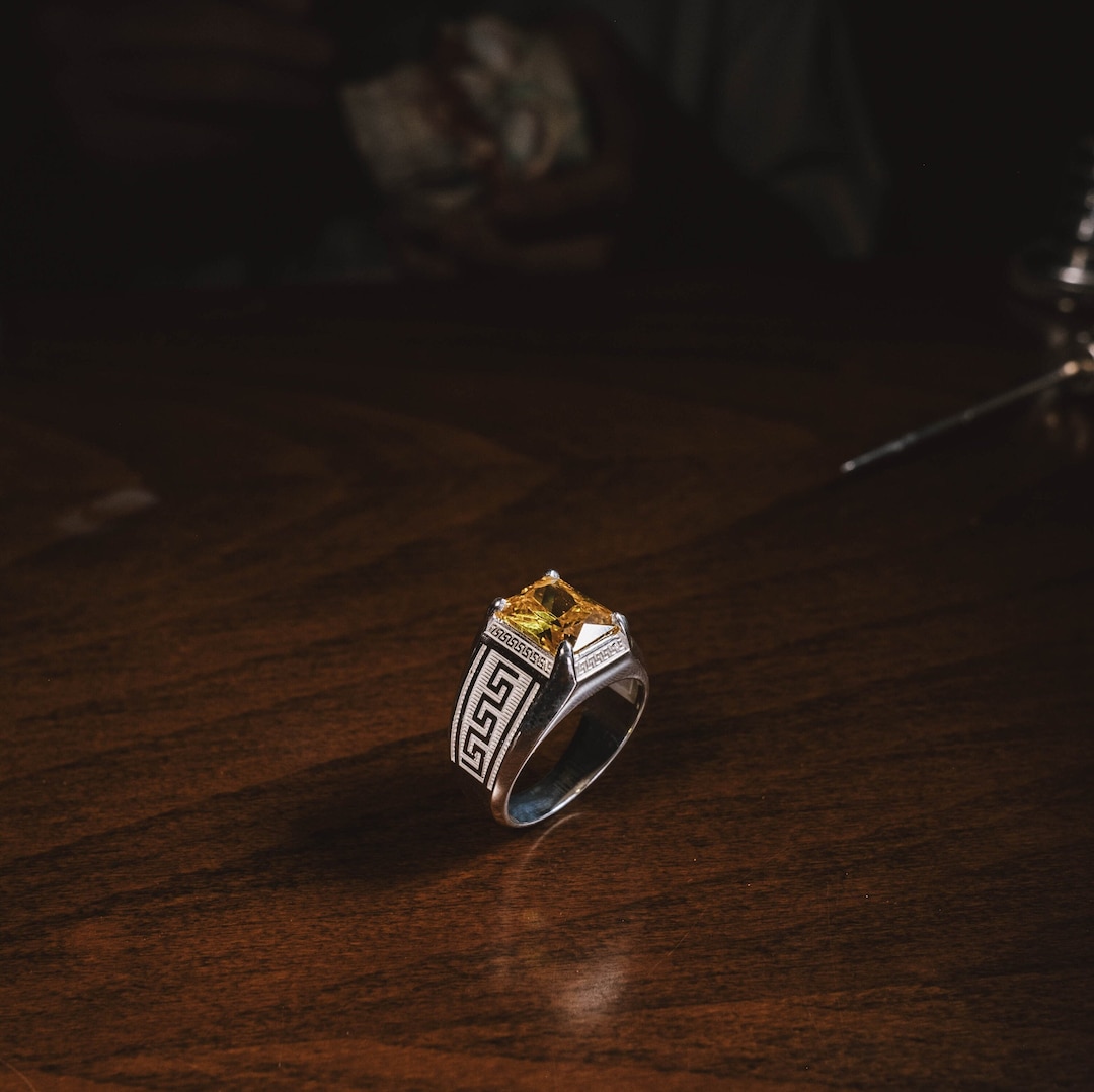 Citrine Stone Silver Mens Signet Ring With Greek Pattern, Sterling ...