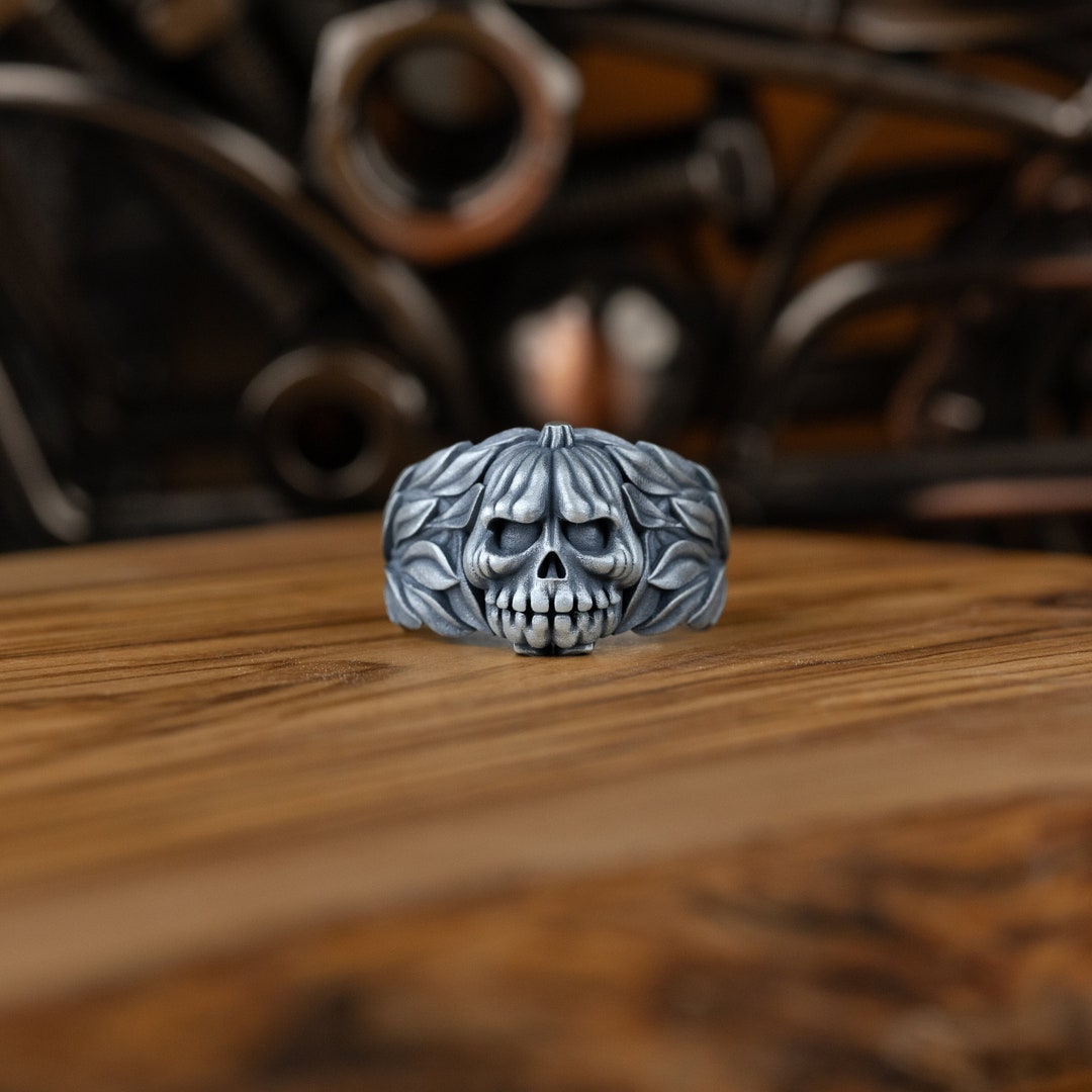 Pumpkin Skull Sterling Silver Men Ring, Oxidized Silver Biker Jewelry ...