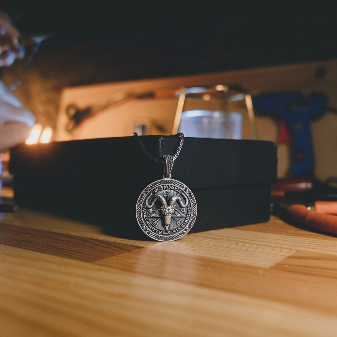 Goat Head on Pentagram Coin Silver Necklace, Talisman Men Necklace for ...