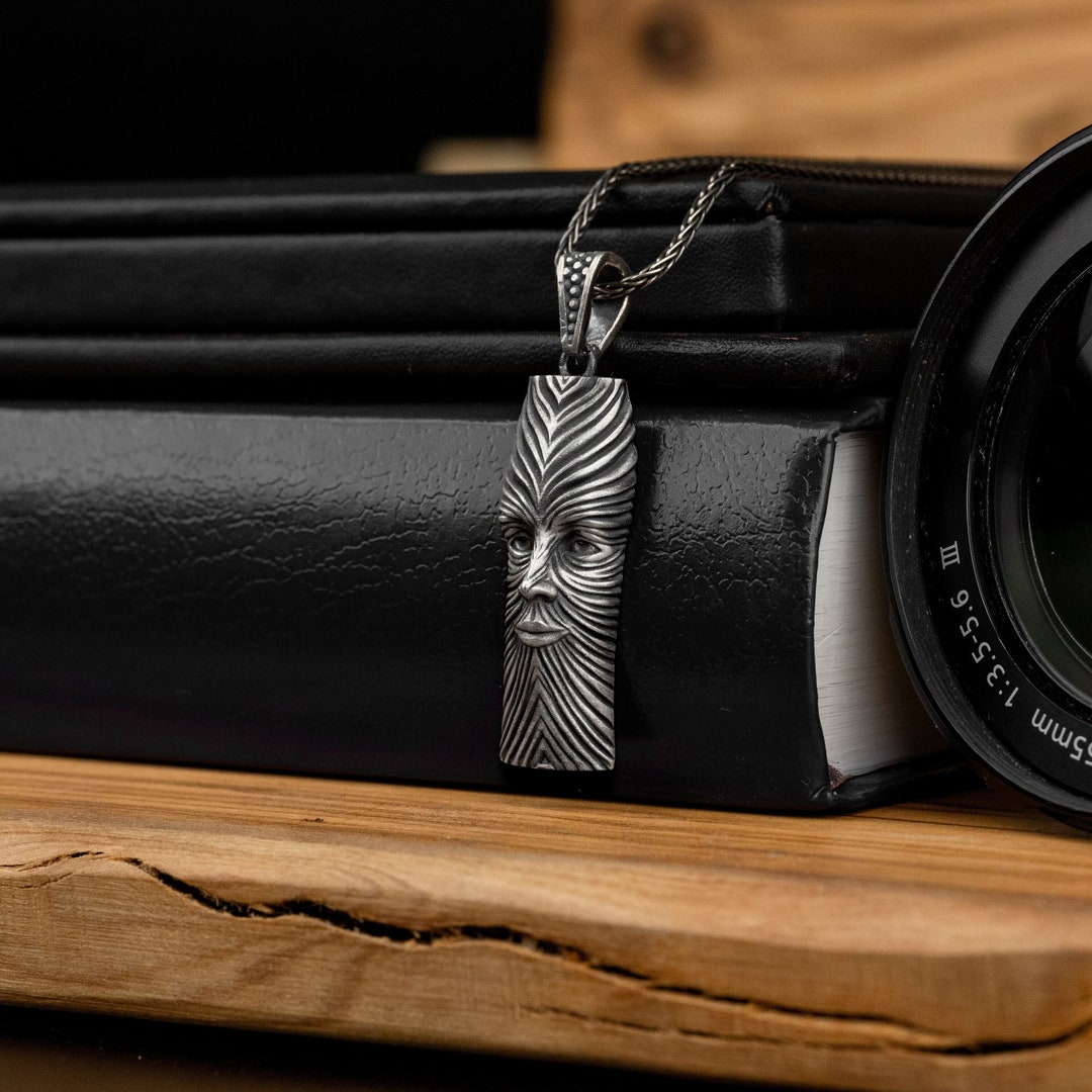 Engraved Face African Mask Maori Silver Pendant Men Necklace, Oxidized ...