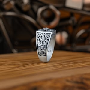 Victorian Style Floral Pinky Ring, Flower Cross Mens Ring in Sterling ...