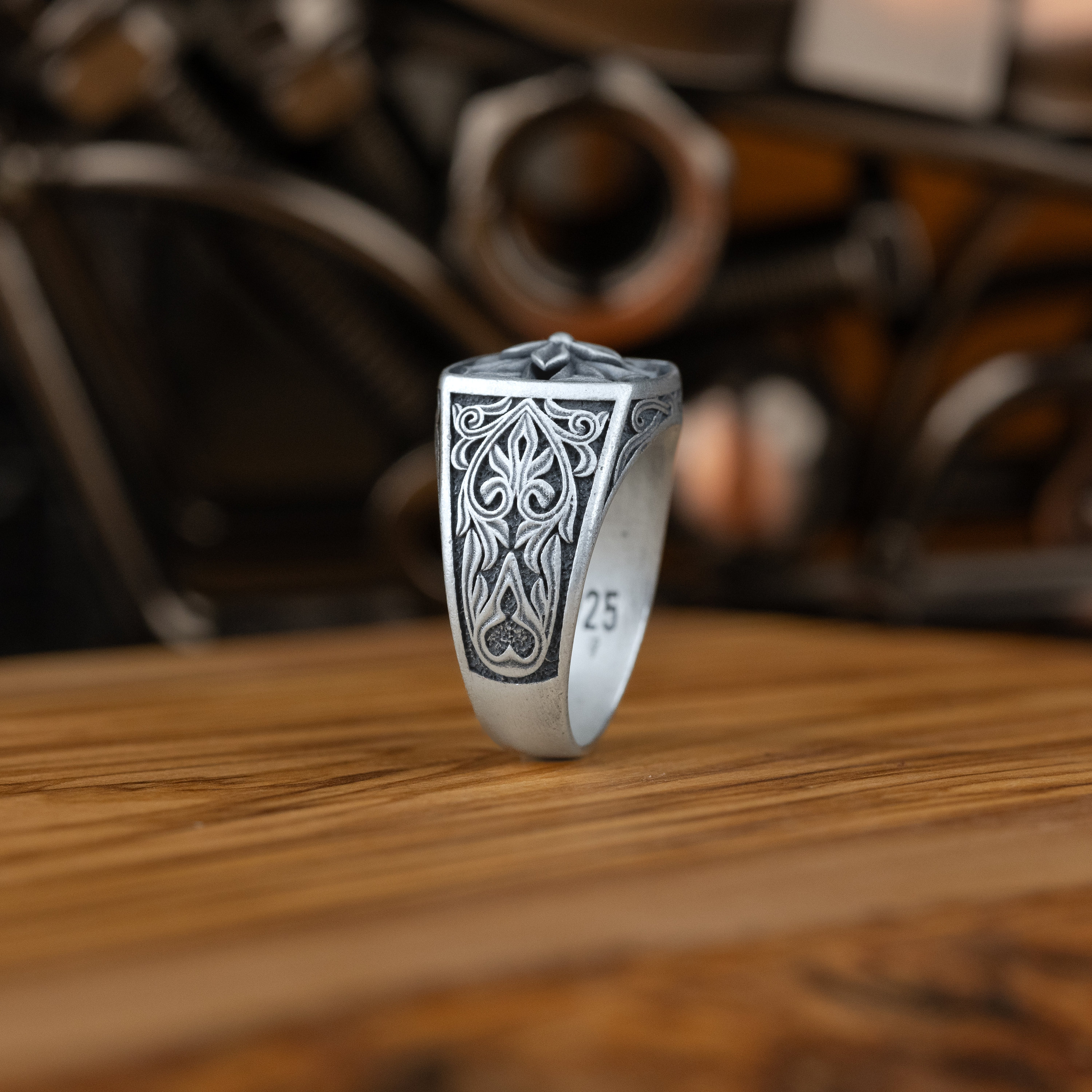 Victorian Style Floral Pinky Ring, Flower Cross Mens Ring in Sterling ...