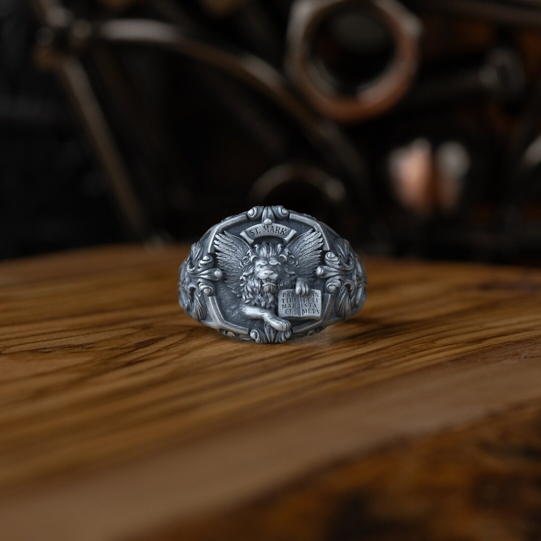 Saint Mark Lion Men Signet Christian Men Ring, Evangelist Lion Cross ...
