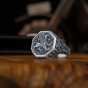 Vintage Griffin Signet Ring in Silver for Engagement Gift, Gryphon ...