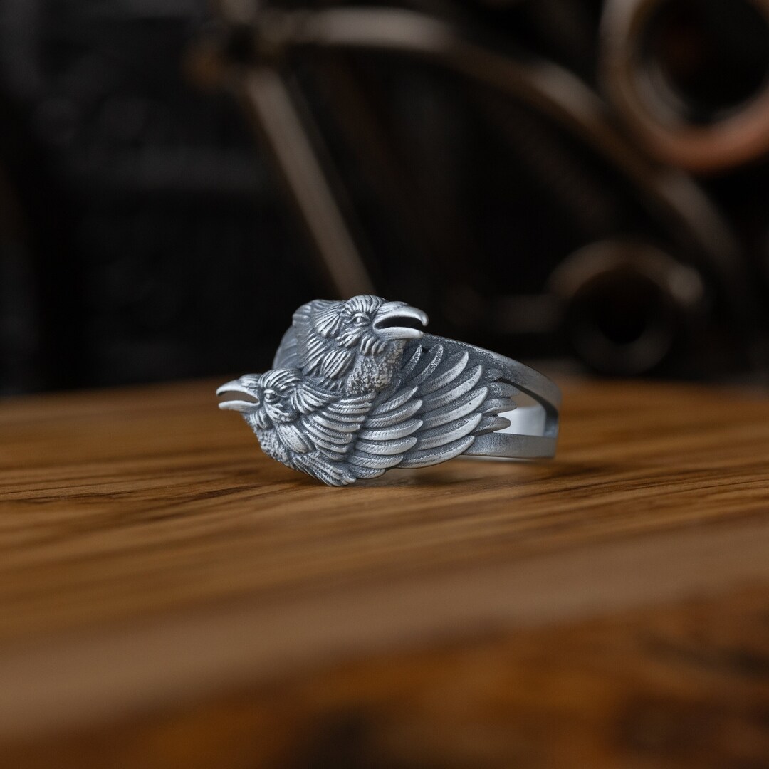 Scandinavian Hugin and Munin Silver Men Ring, Crows Sterling Silver ...