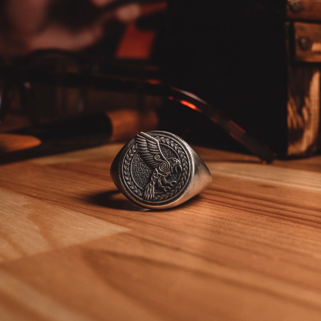 Viking Raven Bird of Prophecy Sterling Silver Men Ring, Engraved Pinky ...