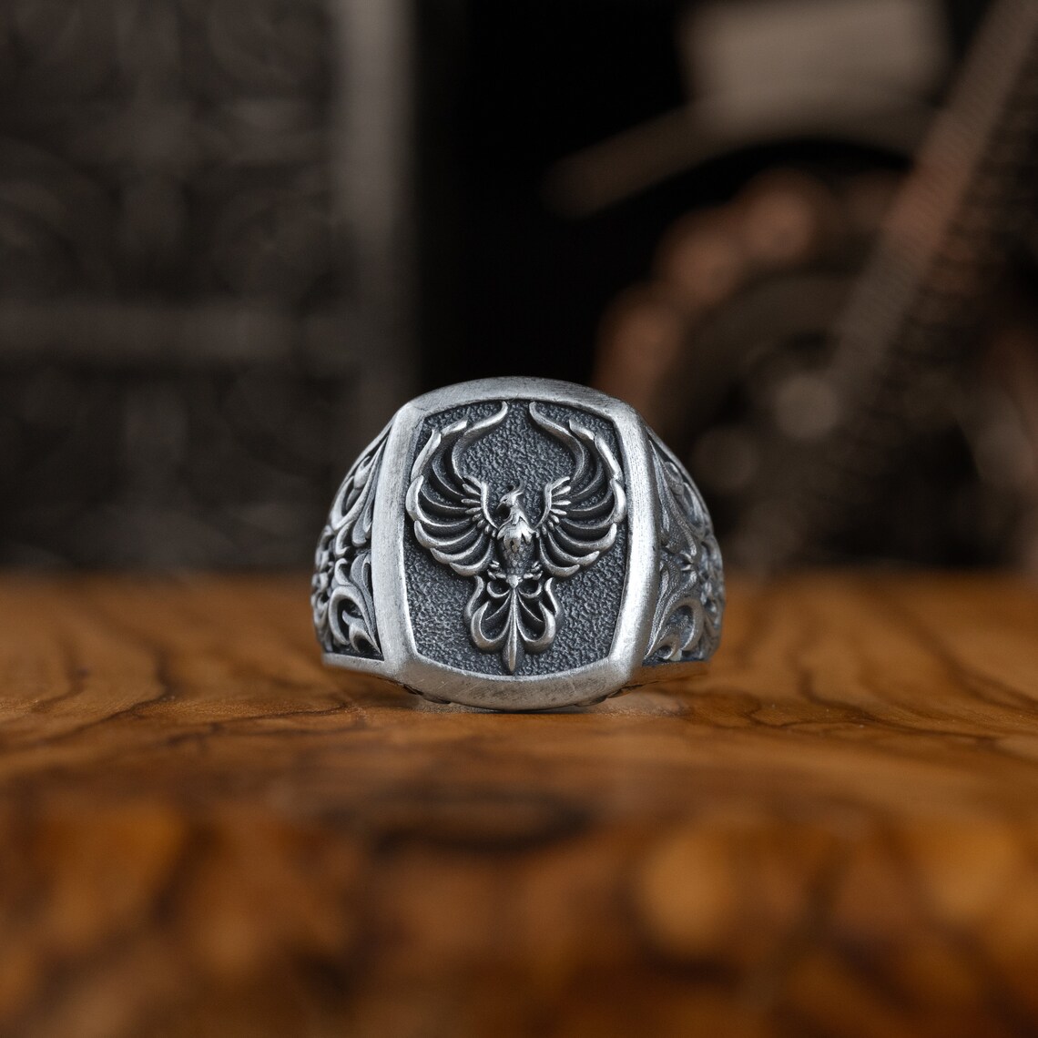 Signet Phoenix Men Minimalist Ring in Silver, Greek Mythology Fire Bird ...