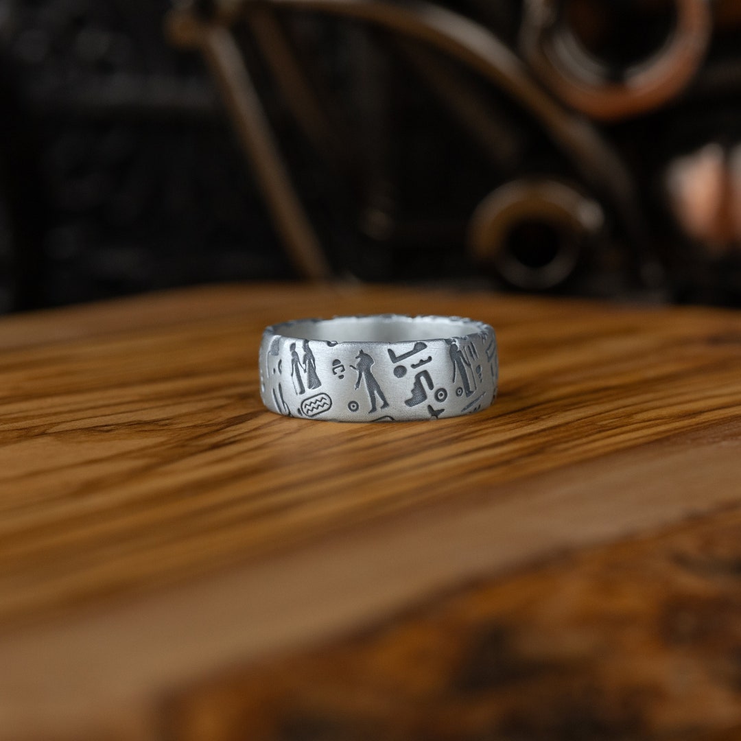 Ancient Egyptian Hieroglyphics Men Band Ring, Sterling Silver Men ...