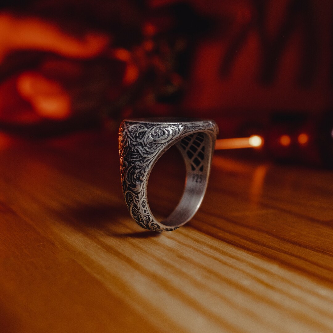 Engraved Victorian Motifs Signet Ring for Men, Sterling Silver Floral ...