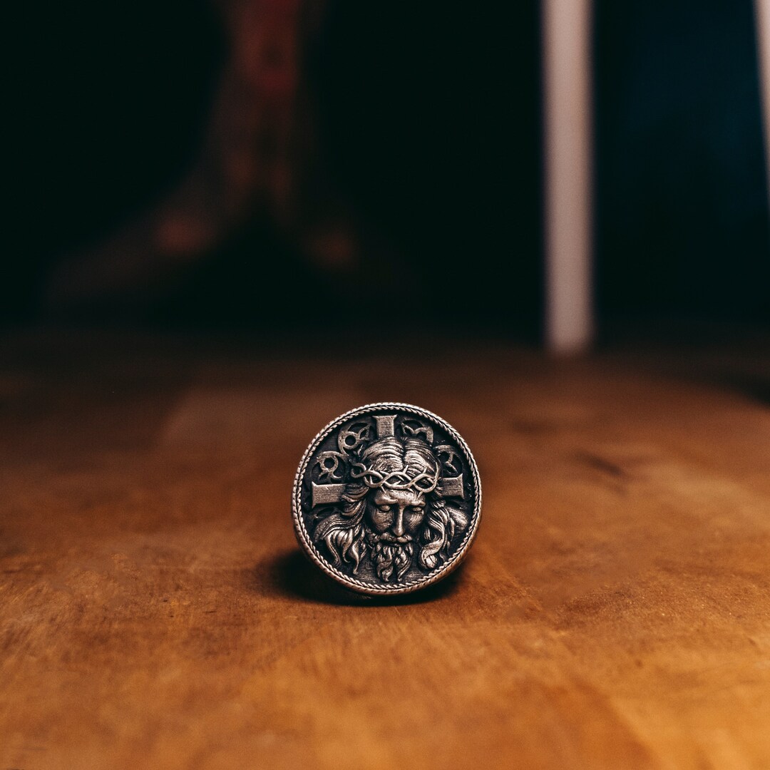 Jesus on Cross Signet Ring for Men Christ Wearing Crown of - Etsy