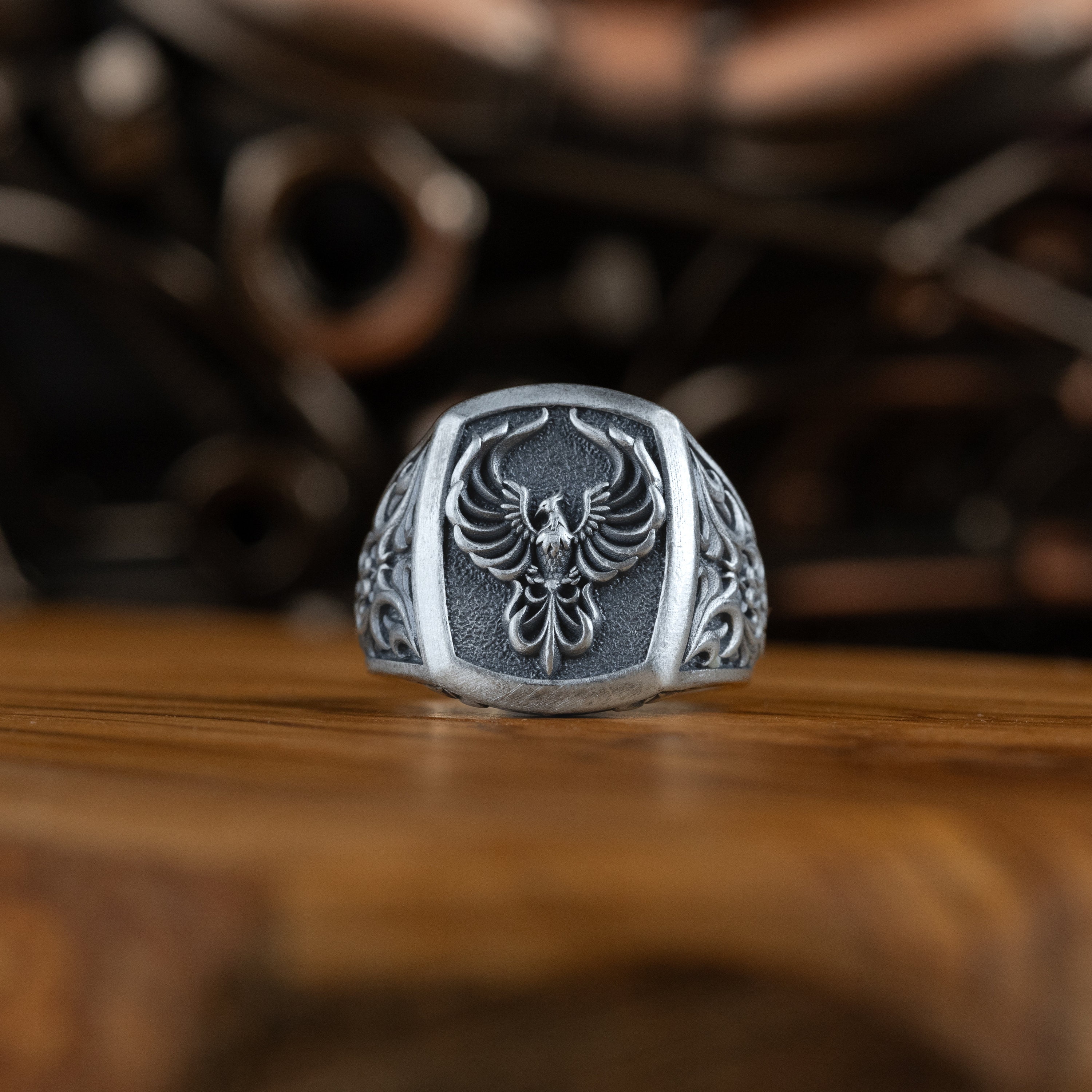 Signet Phoenix Men Minimalist Ring in Silver, Greek Mythology Fire Bird ...