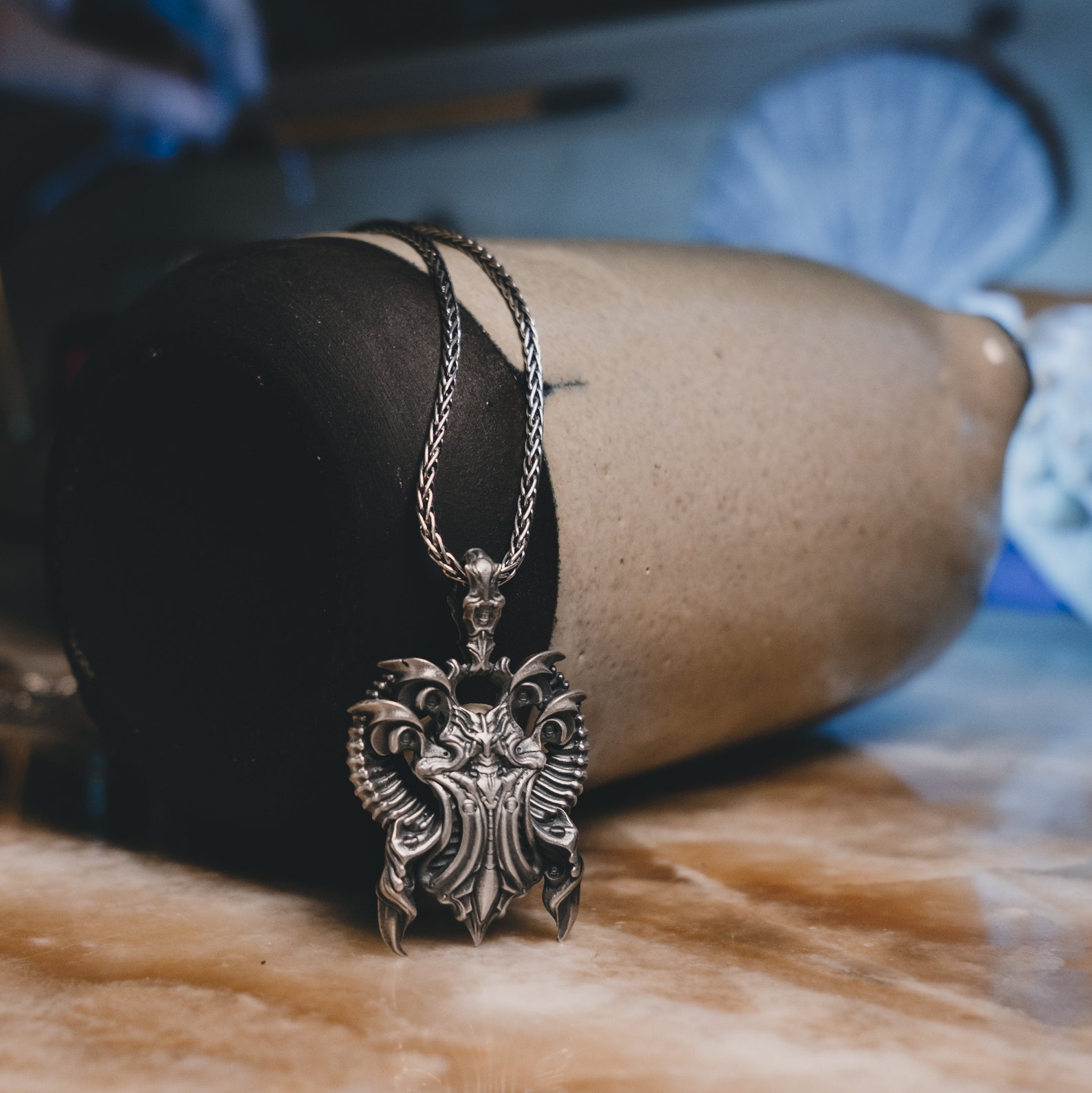 Futuristic Shoggoth Scarab Men Necklace, Bookworm Lovecraft Silver ...