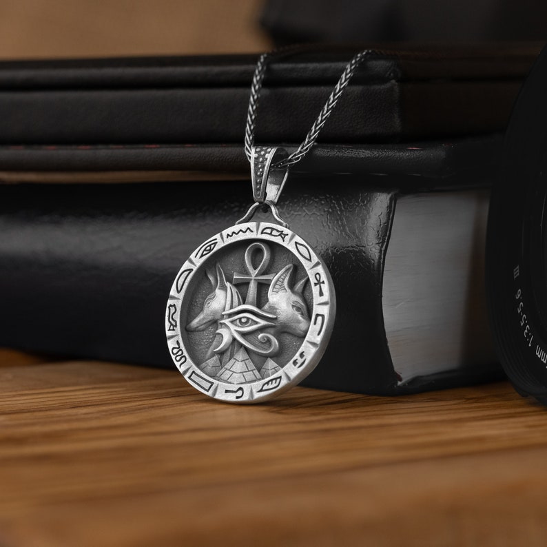 Anubis and Bast Egyptian Hieroglyphics Silver Necklace, Egyptian Cross ...