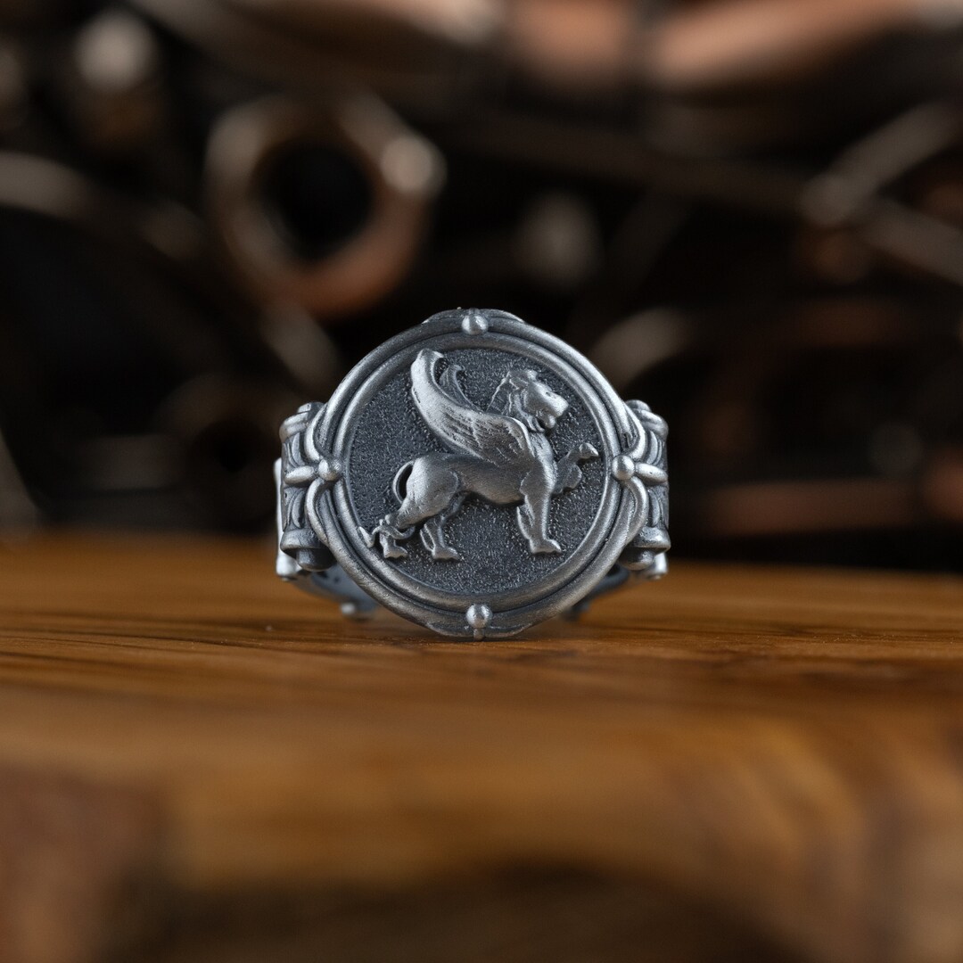 Winged Lion Signet Ring Inspired by Mythology, Leo Zodiac Sign Men Ring ...