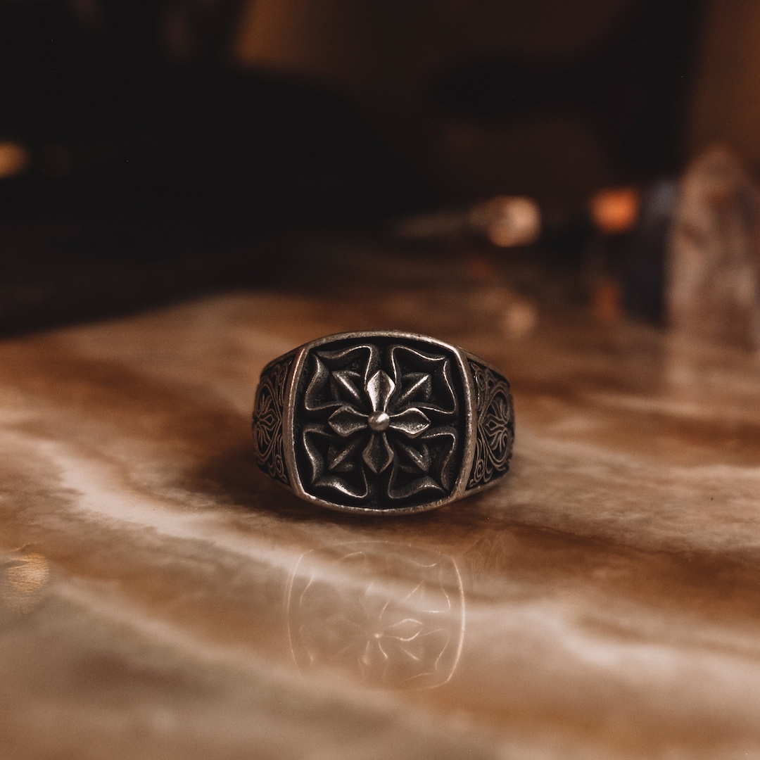 Victorian Style Floral Pinky Ring, Flower Cross Mens Ring in Sterling ...