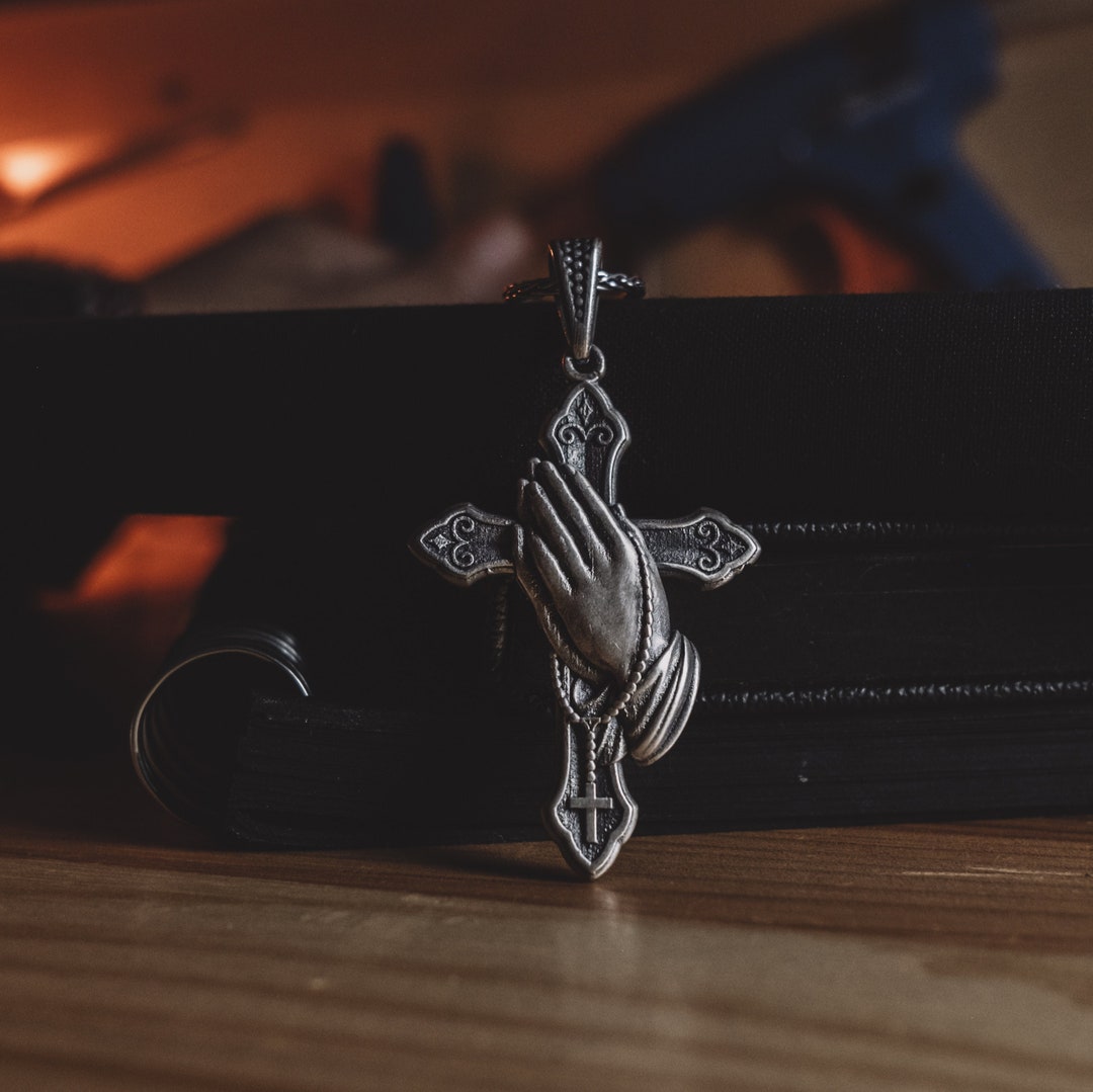 Praying Hands Cross Necklace Silver Rosary Cross Pendant - Etsy