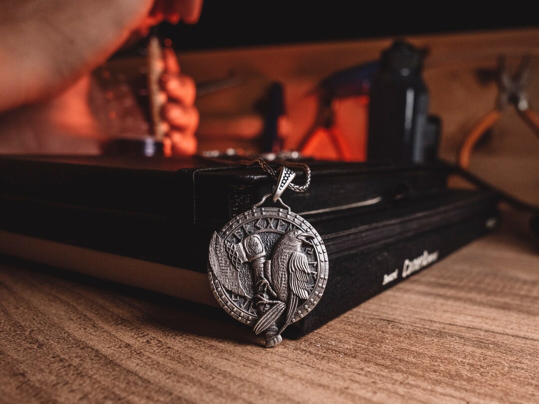 Viking Medallion Necklace With Raven and Axe for Men Sterling - Etsy