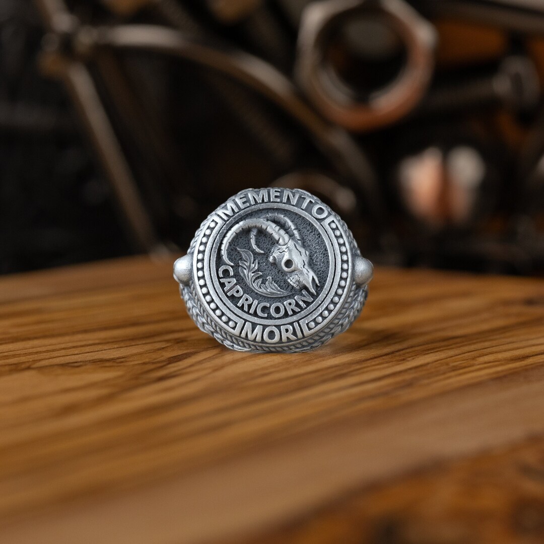 Capricorn Gothic Biker Ring for Men, 925 Sterling Silver Memento Mori ...