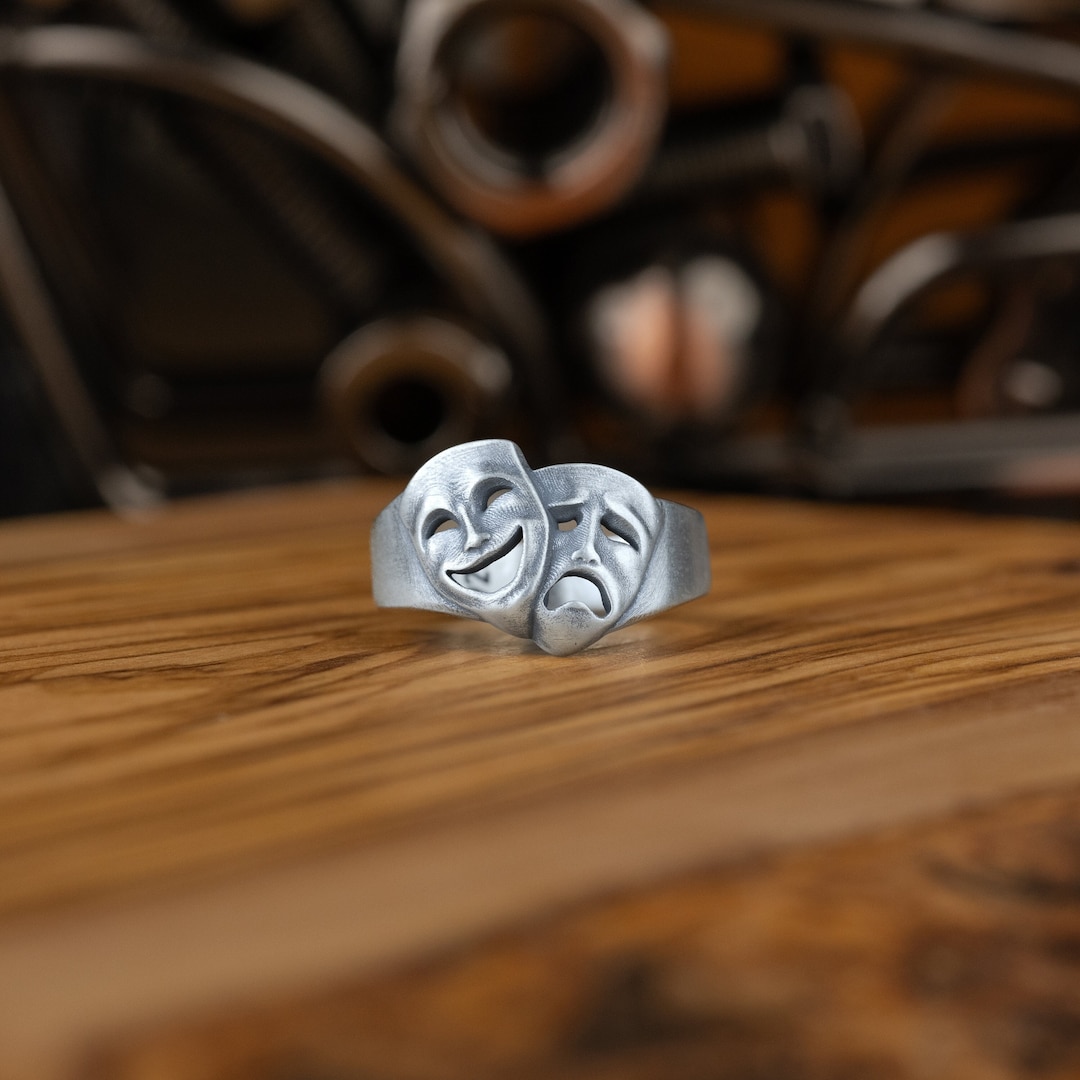 Theater Comedy and Tragedy Masks Ring, Theater Mask Silver Ring, Duel ...