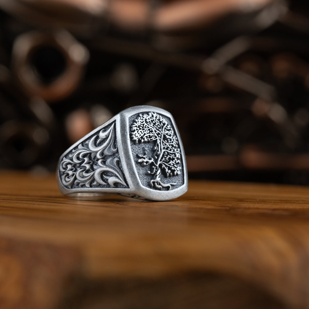 Men Signet Ring With Tree of Life Made of Silver, Yggdrasil Family Tree ...