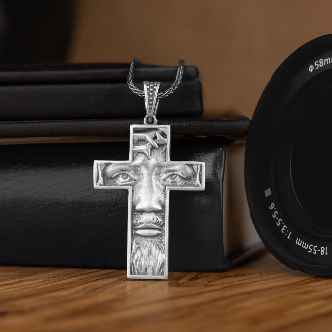 Hand Carved Jesus Face in Cross Silver Necklace, Religious Christian ...