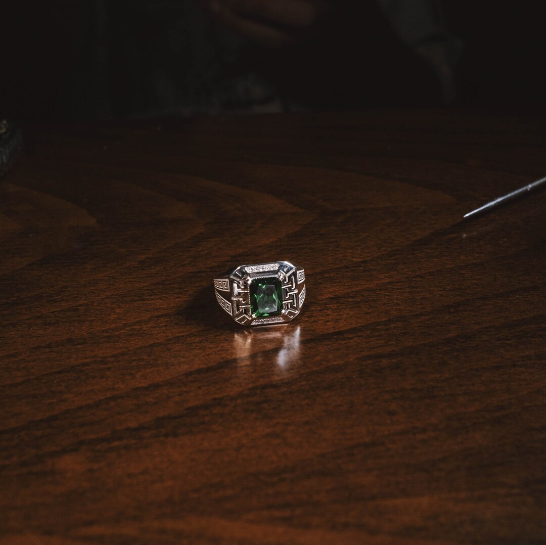Greek Pattern With Emerald Stone Men Silver Ring, Sterling Silver Green ...