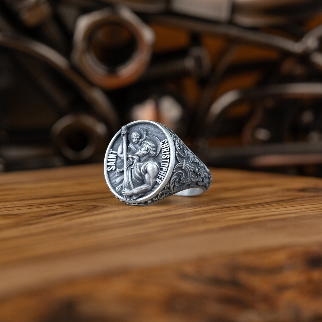 Sterling Silver Signet Men Ring With Saint Christopher and Baby Jesus ...